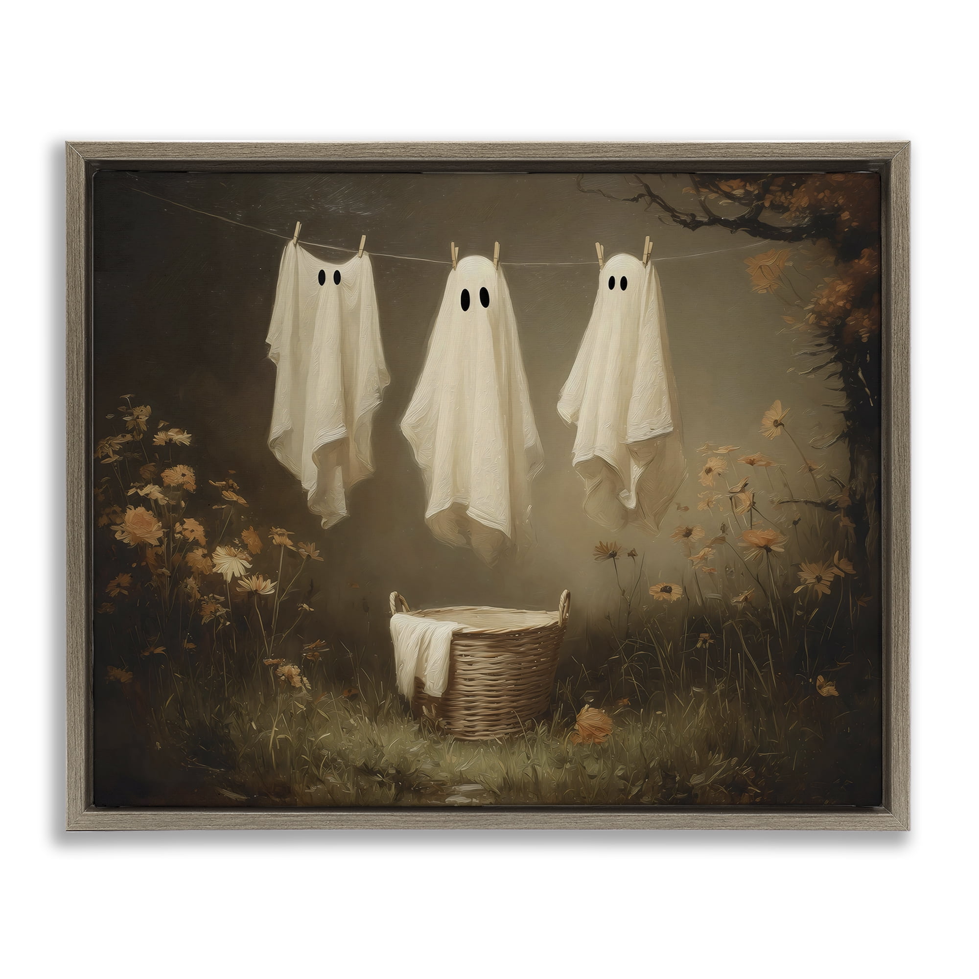Three Laundry Ghosts Hanging Brown Framed Floater Canvas Wall Art ...