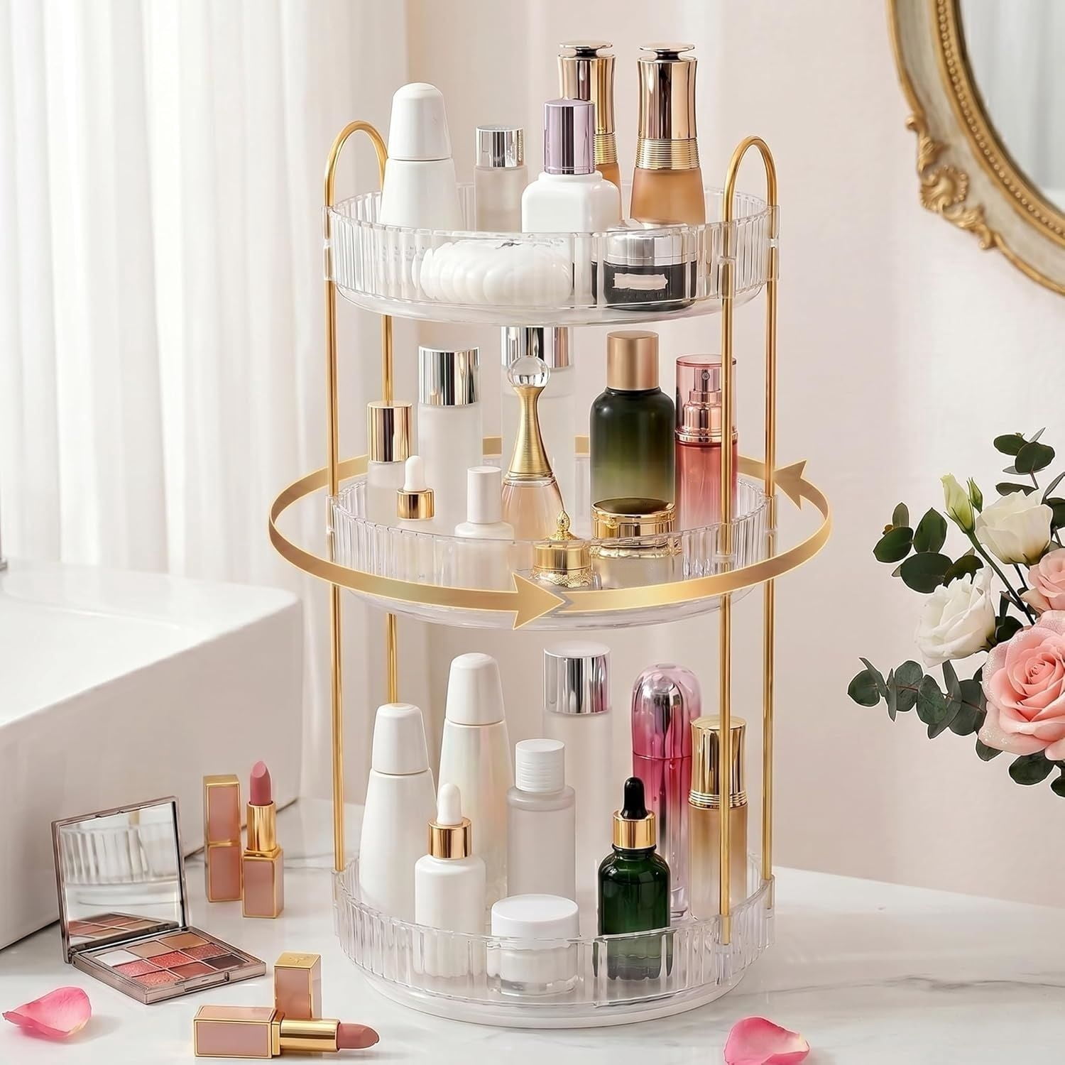 Three-Layer 360° Rotating Cosmetic Stand, Metal Pole Sturdy ...