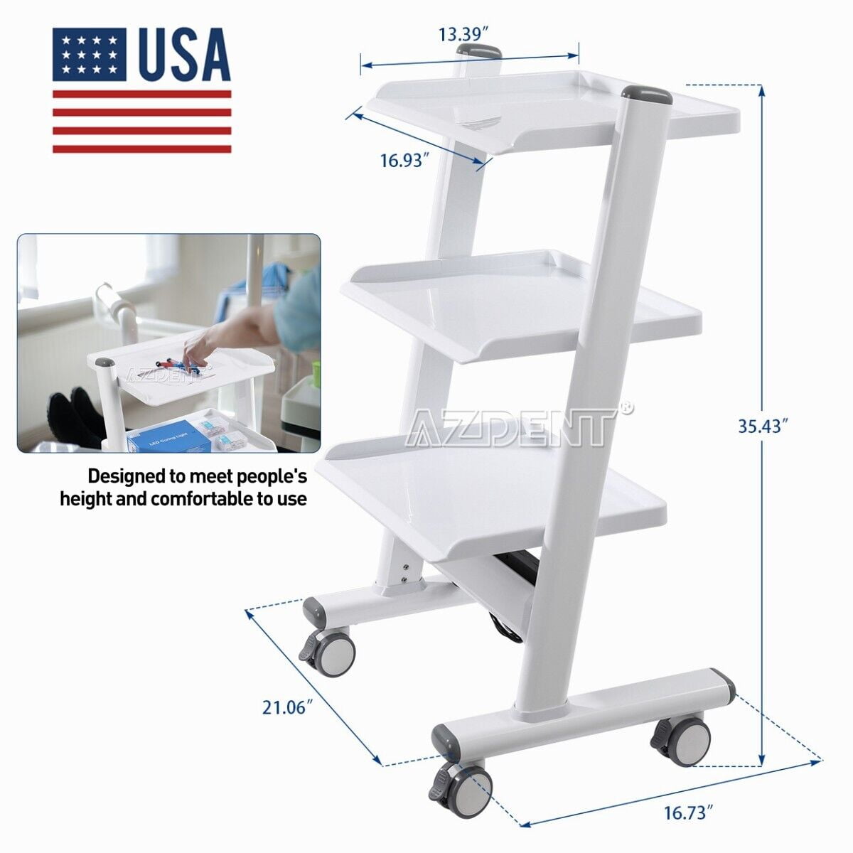 Three Layer Dental Trolley Rolling Mobile Medical Tool Cart Lab Stand ...