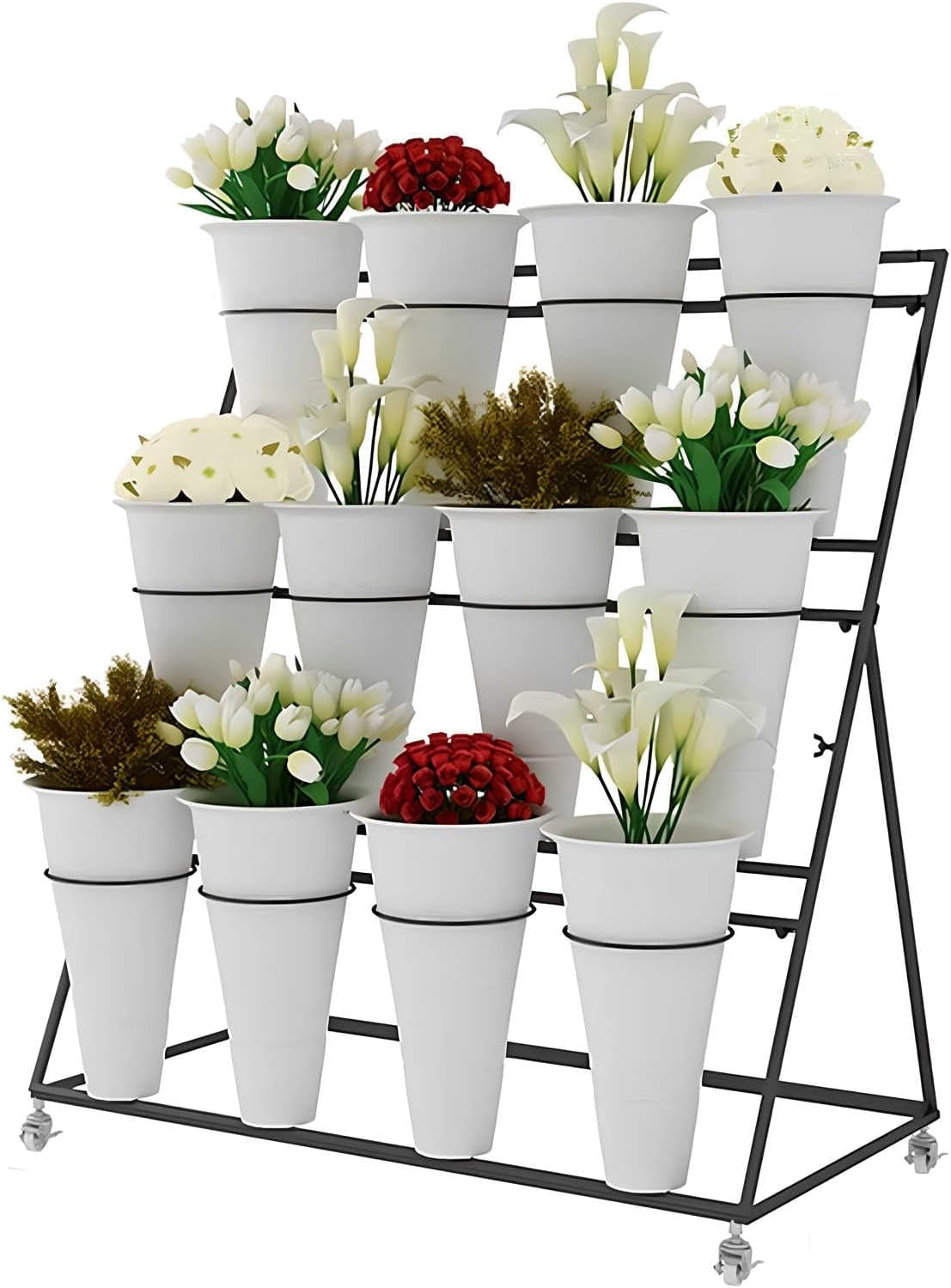 Three-Layer Flower Display Stand with Buckets, Metal Moving Bouquet ...