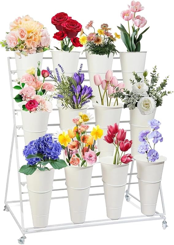 Three-Layer Flower Display Stand with Buckets, Metal Moving Bouquet ...