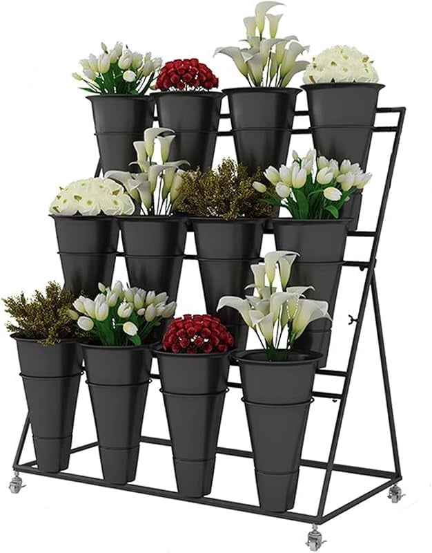Three-Layer Flower Display Stand with Buckets, Metal Moving Bouquet ...