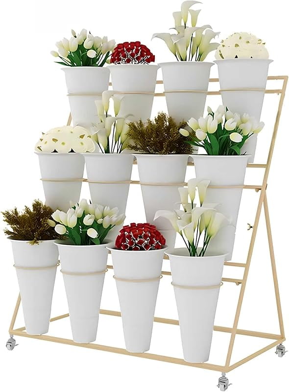 Three-Layer Flower Display Stand with Buckets, Metal Moving Bouquet ...