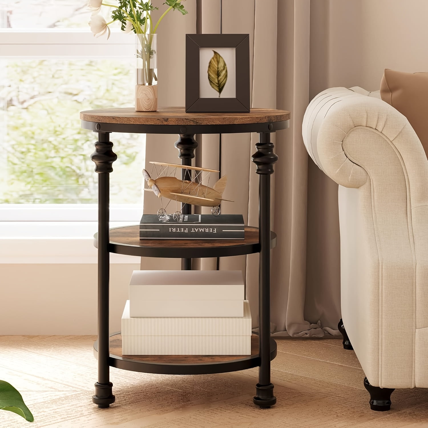 Three-Layer Round Brown Coffee Table, Bedside Table with Storage Rack ...