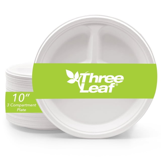 Three Leaf 10” 3-Compartment Bagasse Round Disposable Plates 50 Ct ...