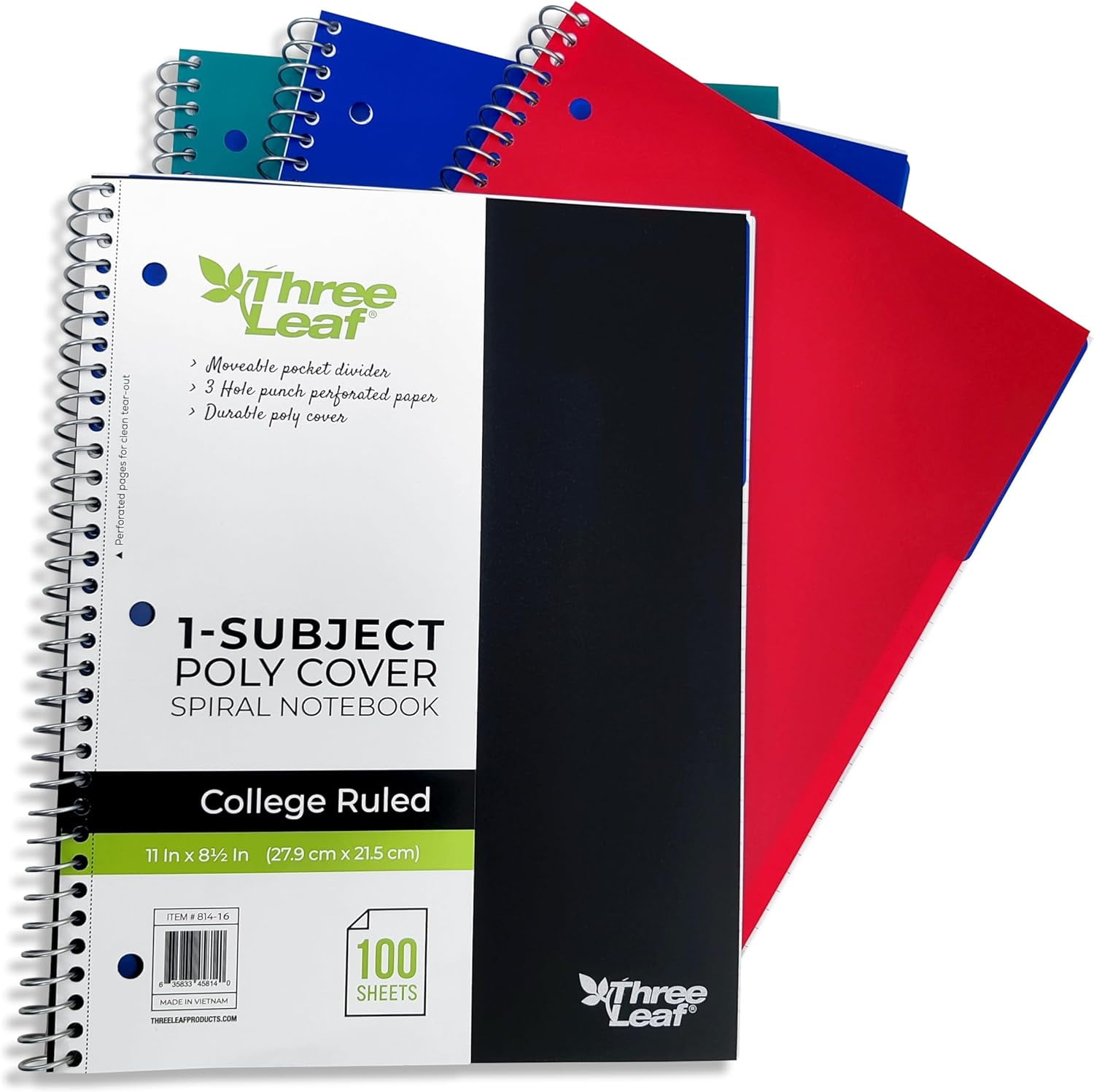 Three Leaf 100 Sheets, 11 X 8 1/2, 1 Subject Poly Cover Spiral Notebook ...