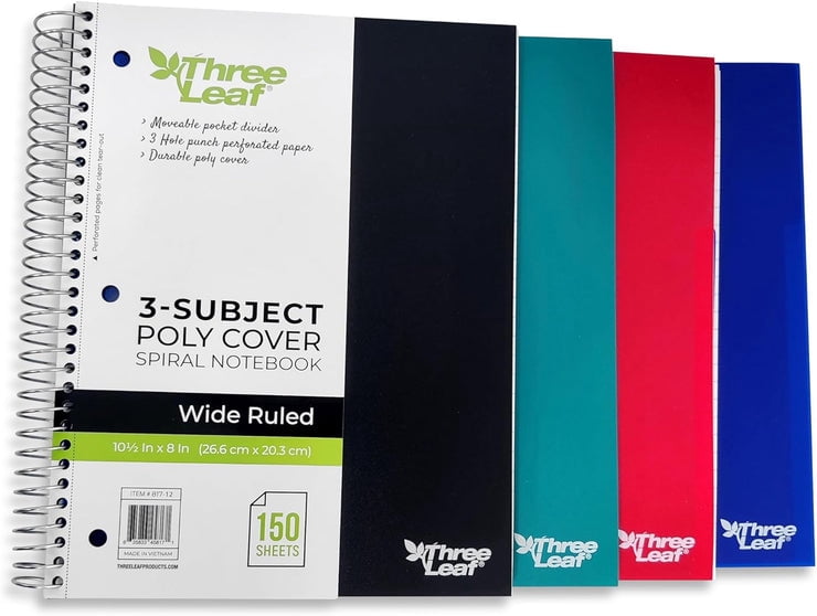 Three Leaf 150 Sheets, 10 1/2 X 8, 3-Subject Poly Cover Spiral ...