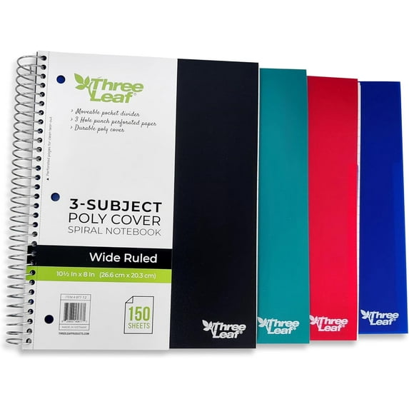 Three Leaf 150 Sheets, 10 1/2 X 8, 3-Subject Poly Cover Spiral ...