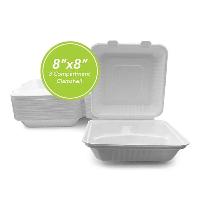 Three Leaf 2379521 8 x 8 in. 3 Compartment Bagasse Clamshell - Pack of ...