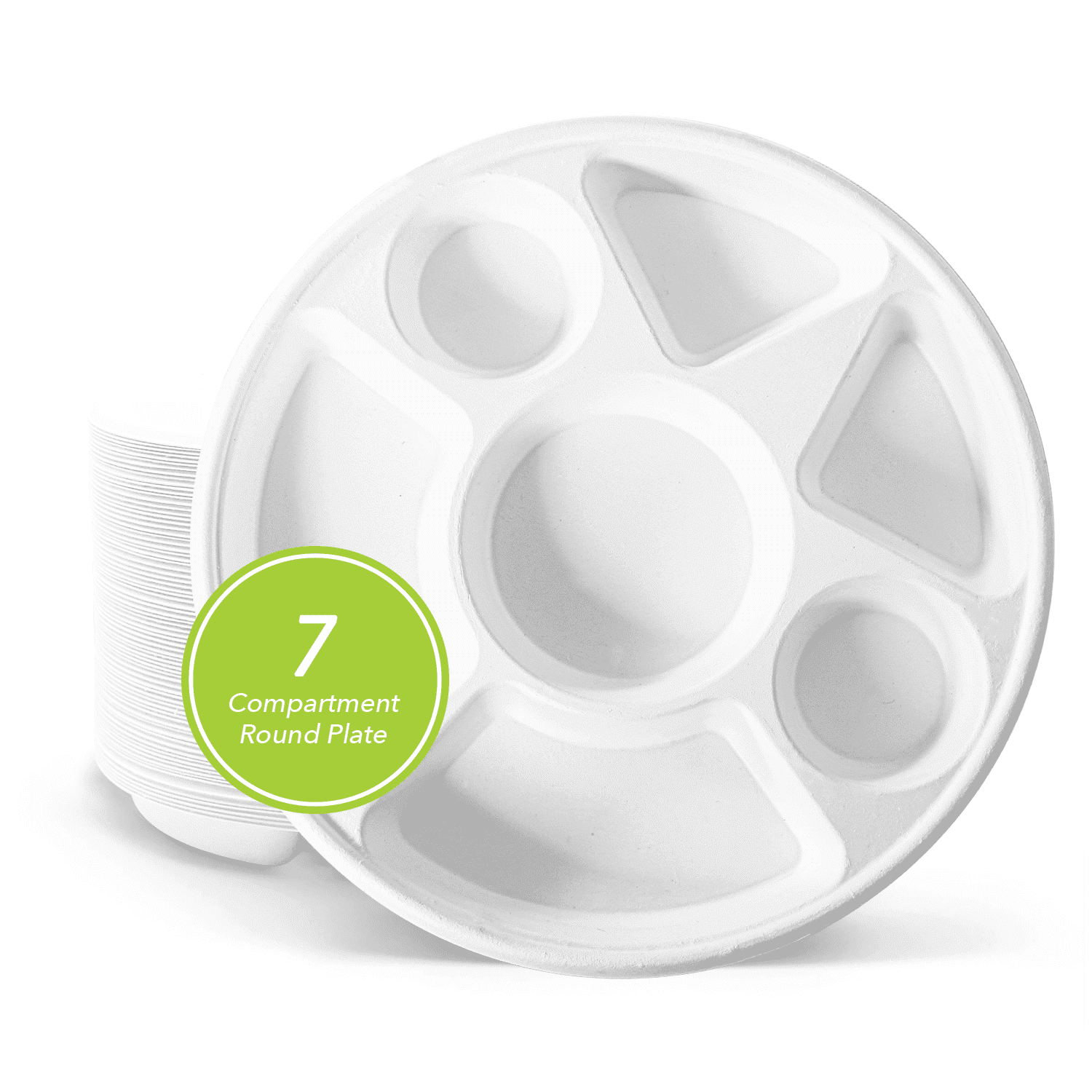 Three Leaf 7 Compartment Bagasse Round Plate, 200 ct, White, Eco ...