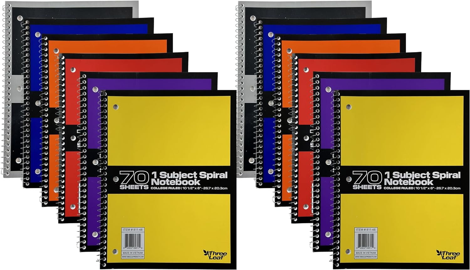 Three Leaf 70 Sheets College Ruled 8" X 10 1/2" Spiral Notebook, Pack ...