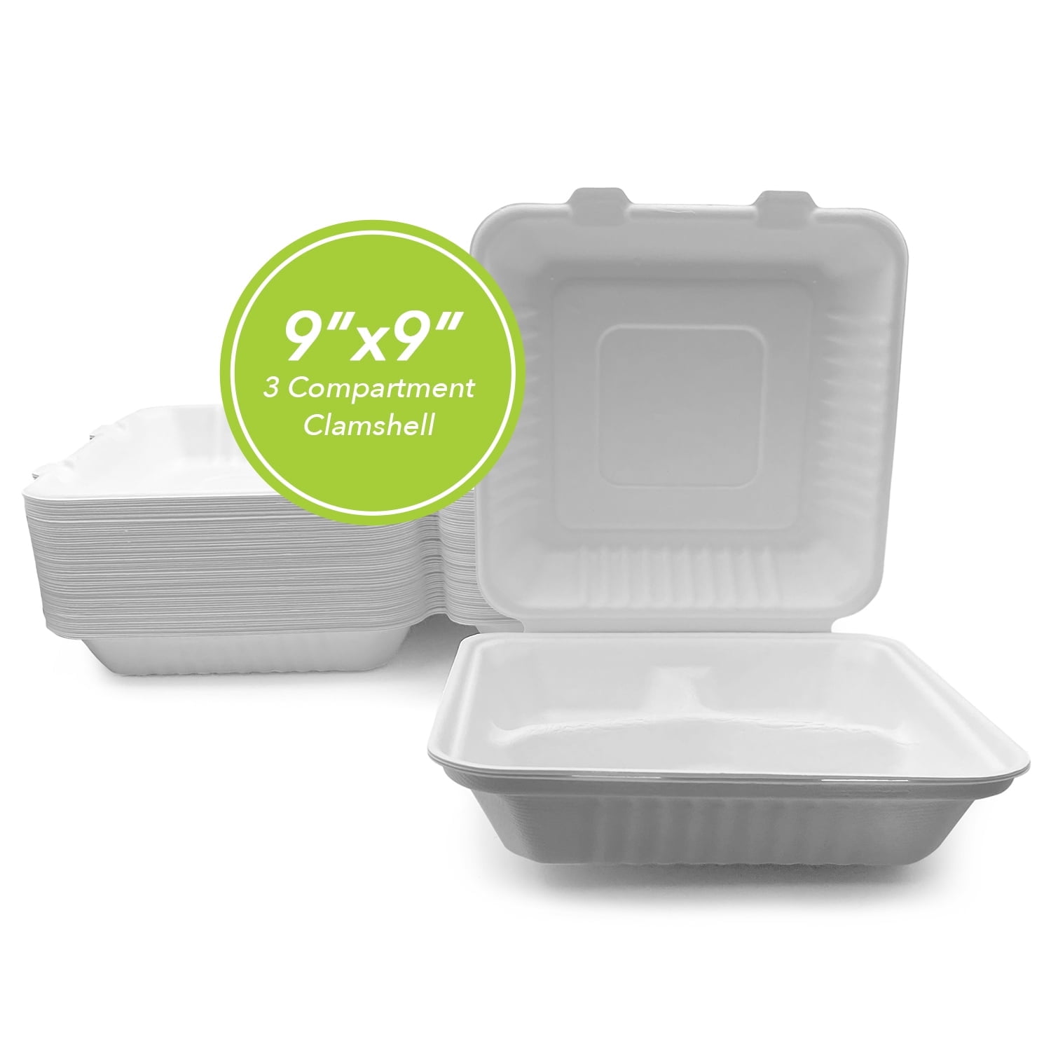Three Leaf 9” x 9” 3-Compartment Bagasse Clamshell 200 Ct Heavy-Duty ...