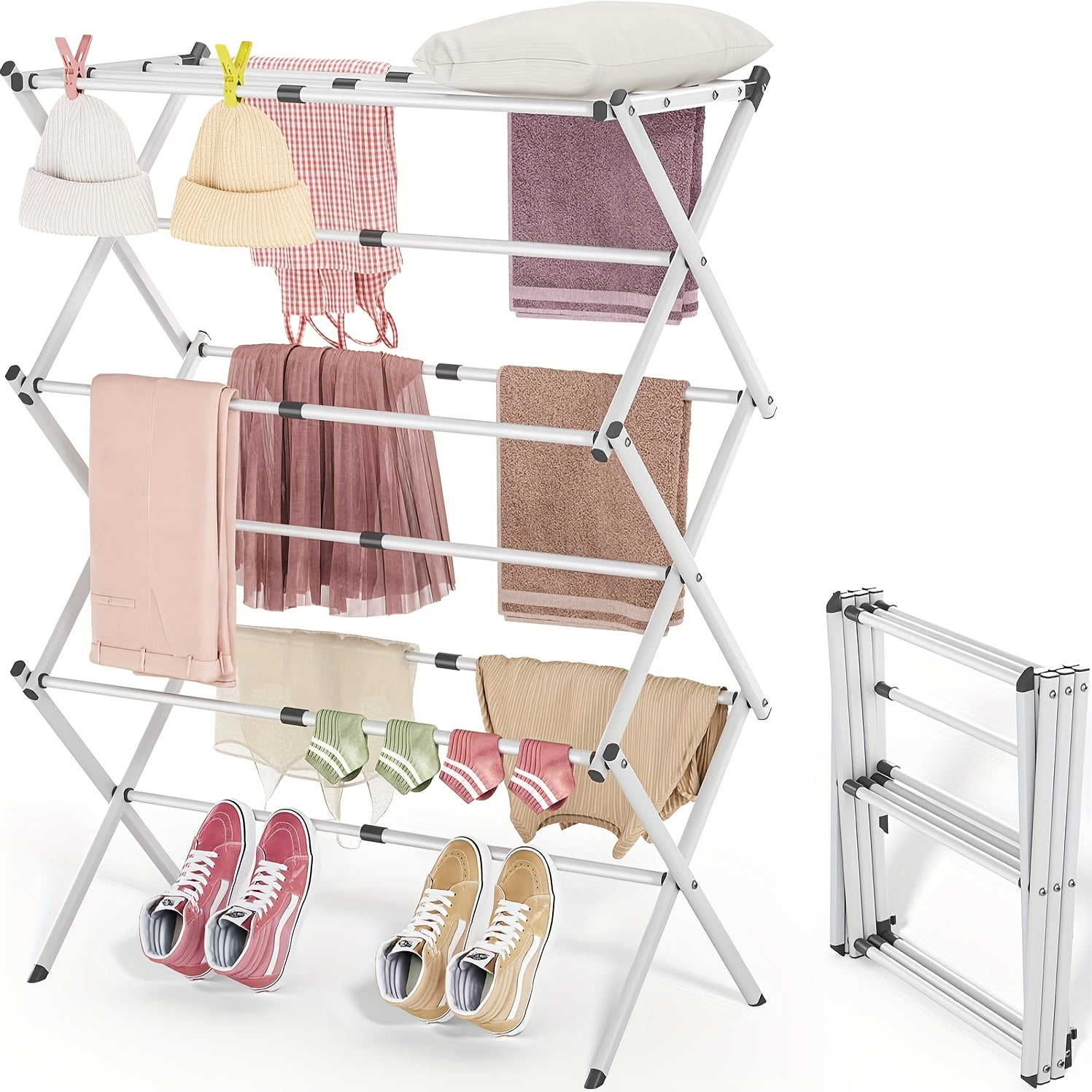 Three-Level Clothes Drying Stand, Expandable Metal Laundry Rack ...