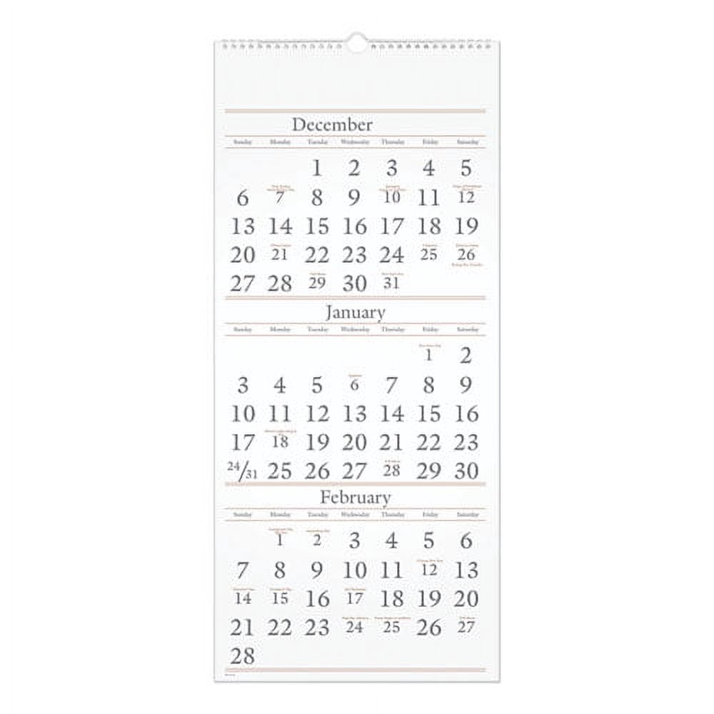 Three-Month Reference Wall Calendar, 12 x 27, White Sheets, 15-Month ...