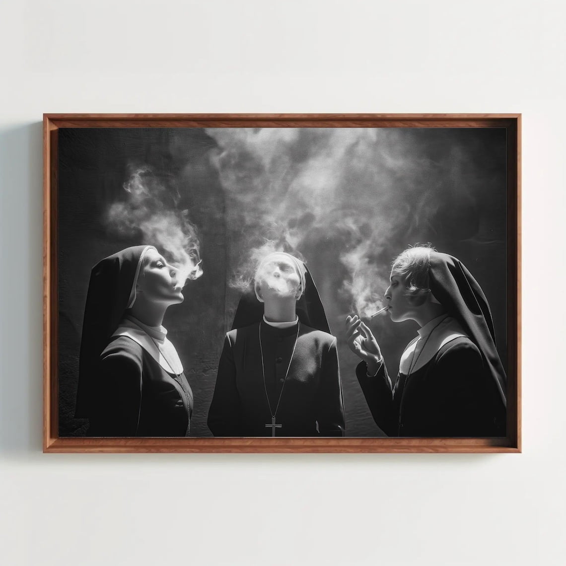 Three Nuns Smoking Canvas Print, Extra Large Monochrome Wall Art ...