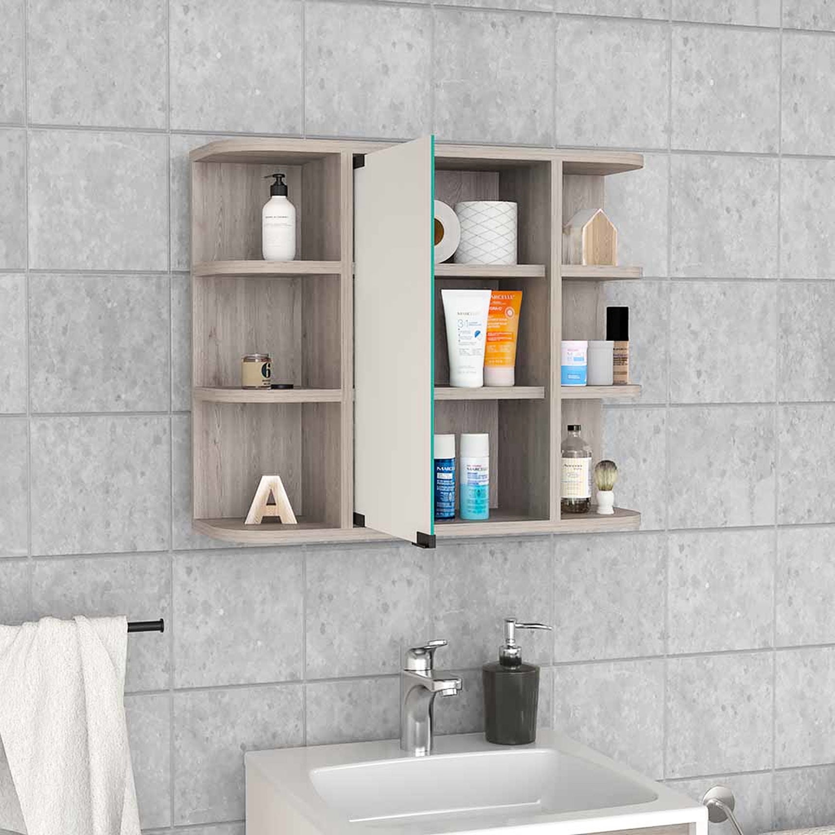 Three Open Shelves on Each Side, Mirror Panel Door, Light Gray Cabinet ...