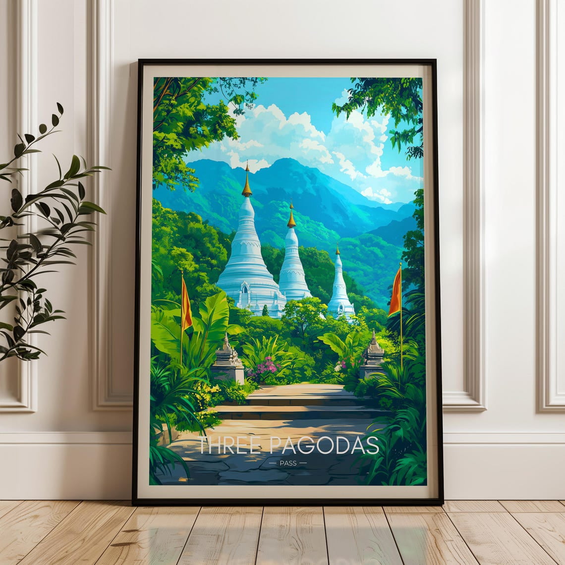 Three Pagodas Pass Travel Poster - Thailand Wall Art Print, Illustration Artwork, South East ...