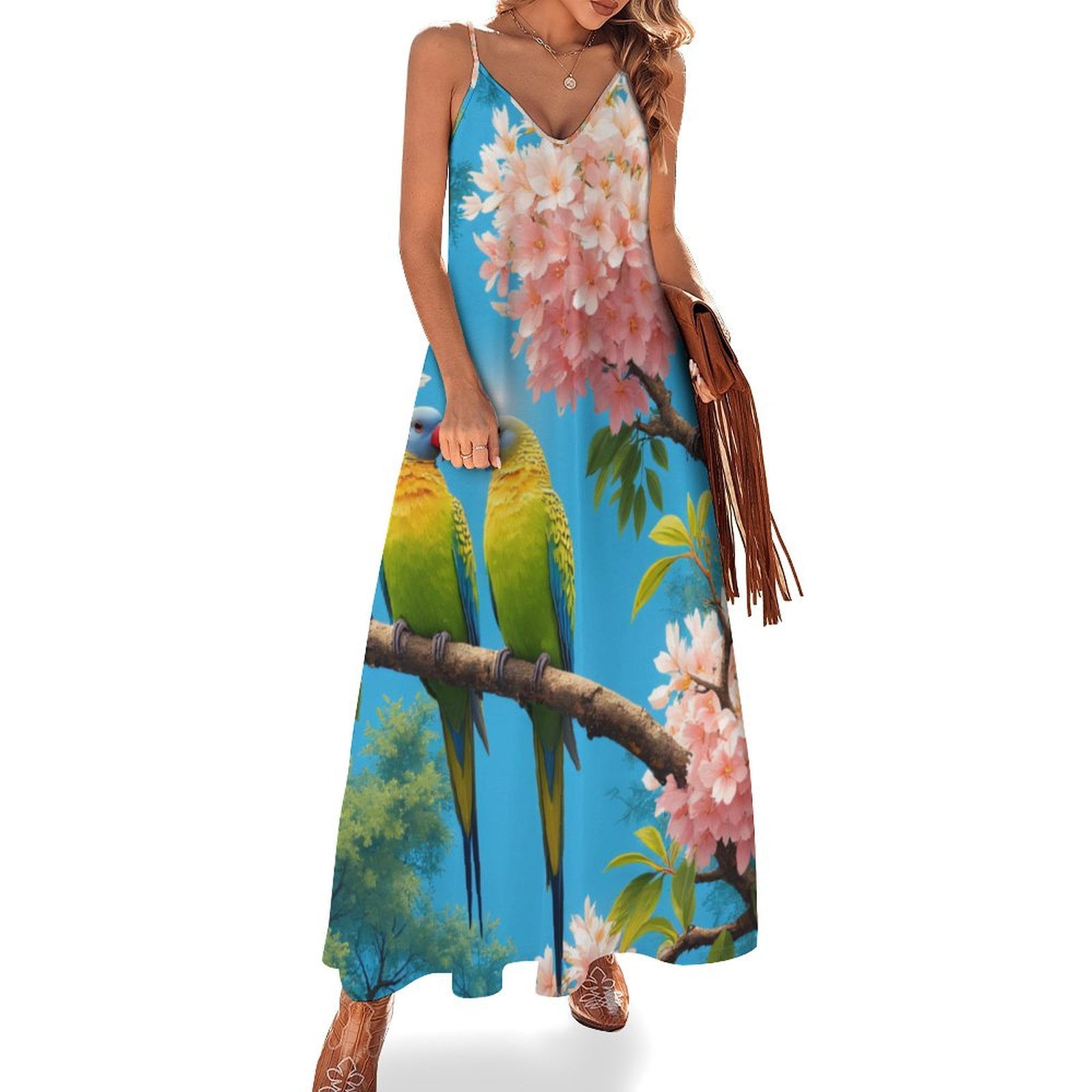 Three Parrots on Cherry Blossom Branch Fine Art Sleeveless Dress Summer ...