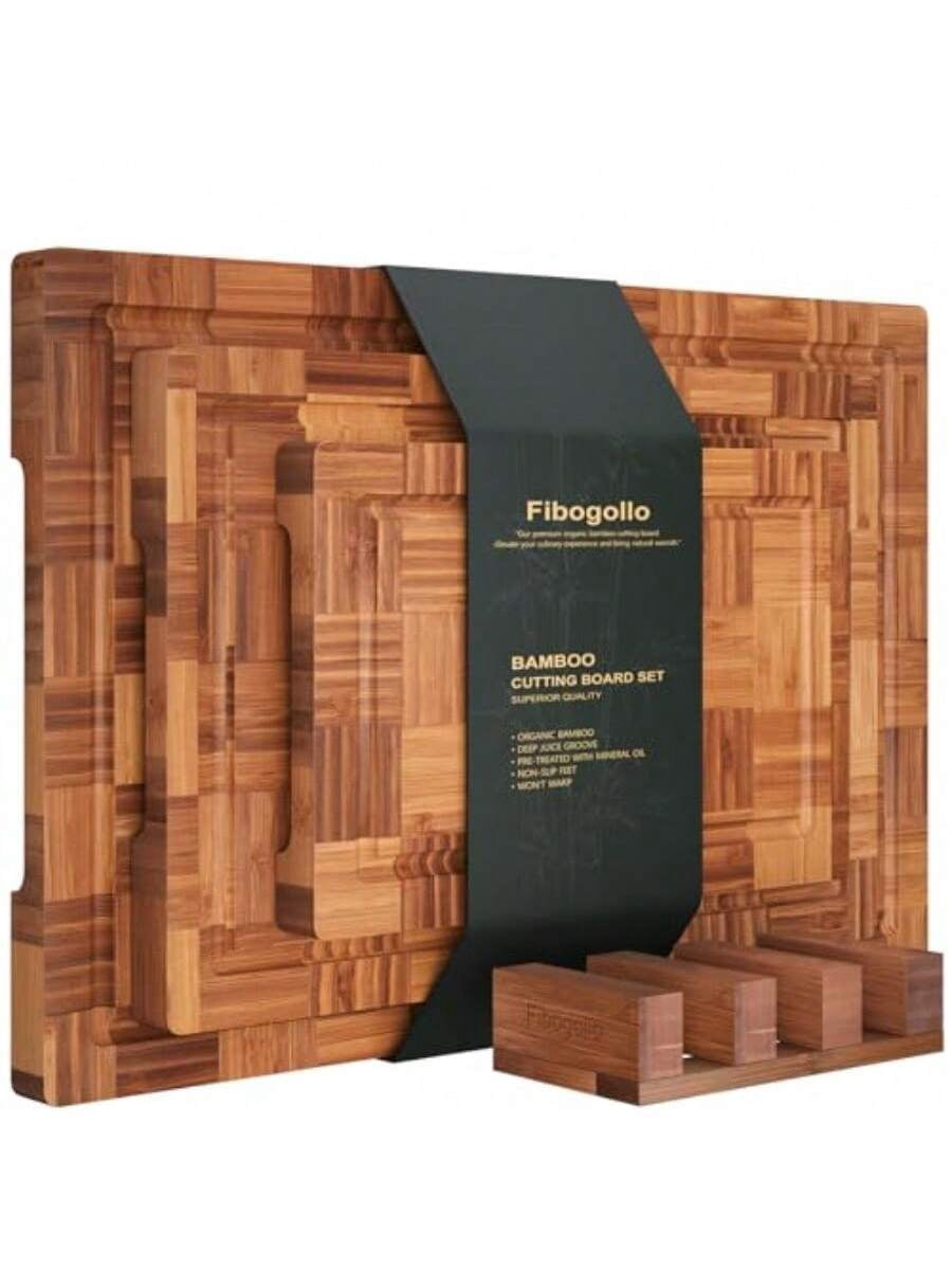 Three-Piece Bamboo Cutting Board Set with Juice Groove, End Grain ...