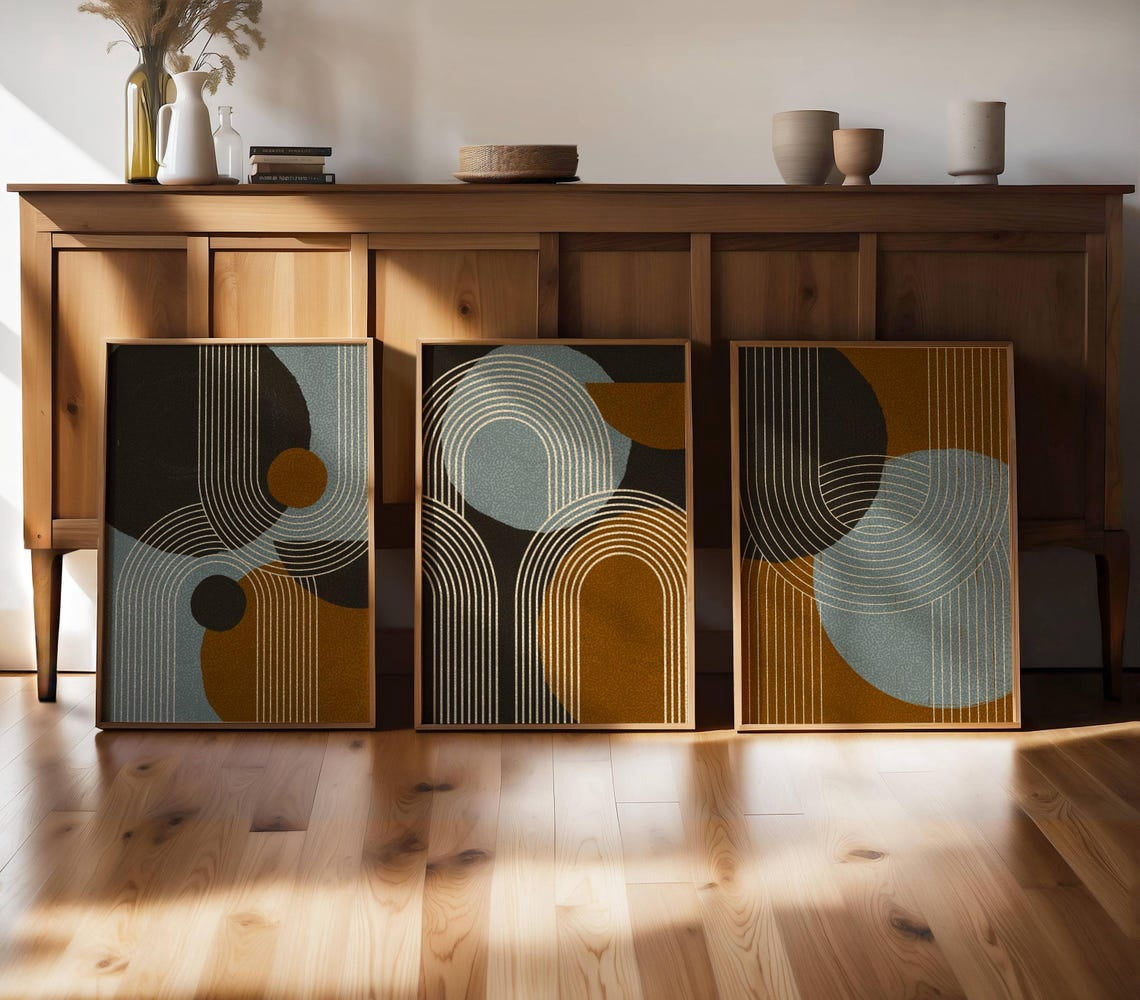 Three Piece Geometric Wall Art Mid Century Modern Triptych for Living ...
