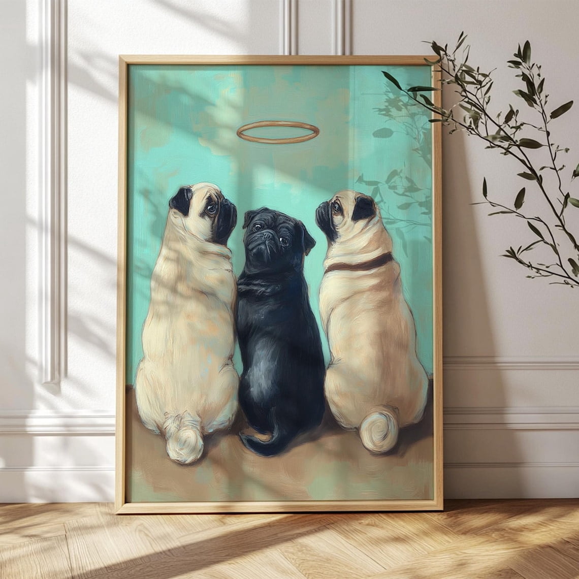 Three Pugs And A Halo Poster Wall Art, Whimsical Dog Portrait Cozy ...