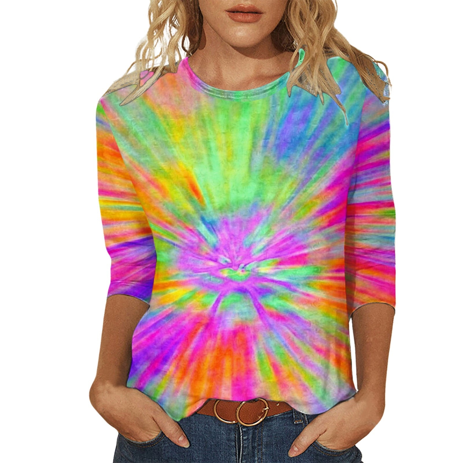Three Quarter Length Tops Shirts for Women Colorful Round Neck Loose ...