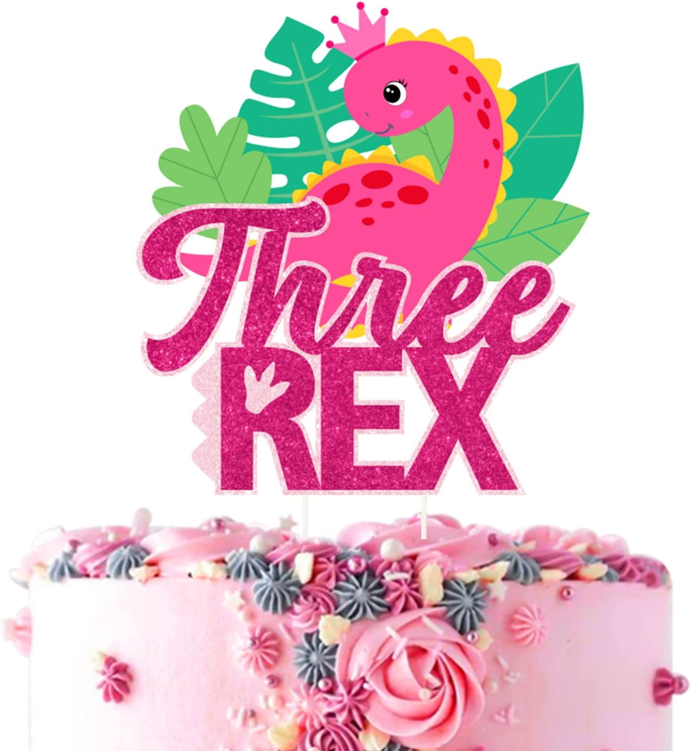 Three Rex Cake Topper Pink, Dinosaur Cake Topper for Dinosaur 3 Years ...