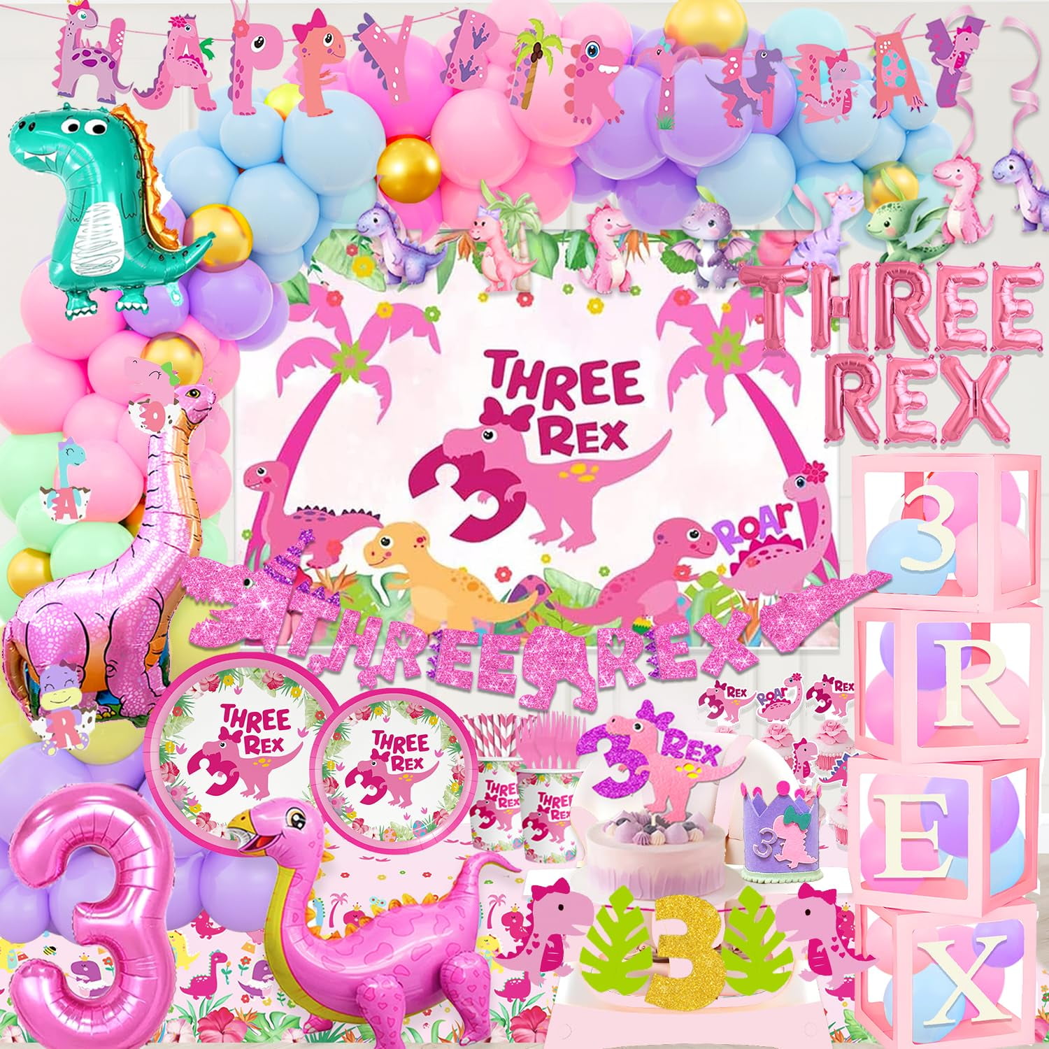Three Rex Decorations Girl Pink Dinosaur Birthday Party Supplies Trex ...