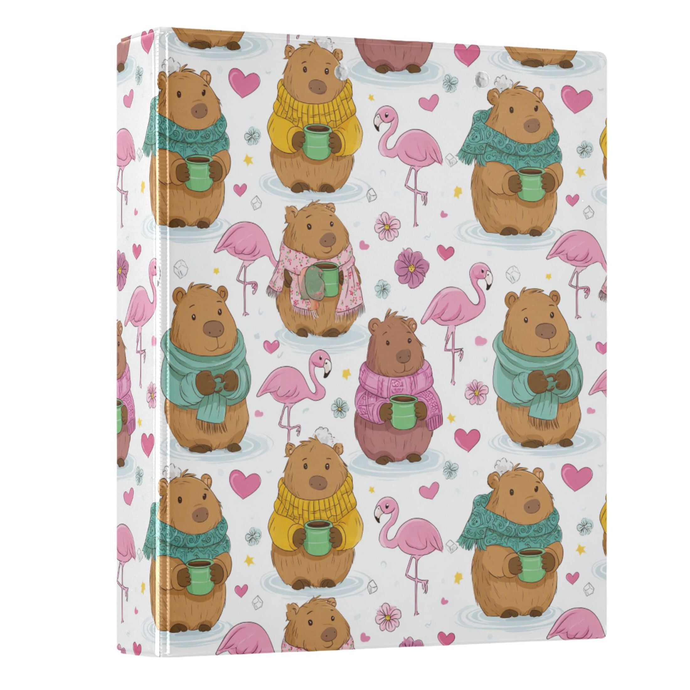 Three Ring Binder Cute Cartoon Capybara and Flamingo 1.5 Inch Round ...