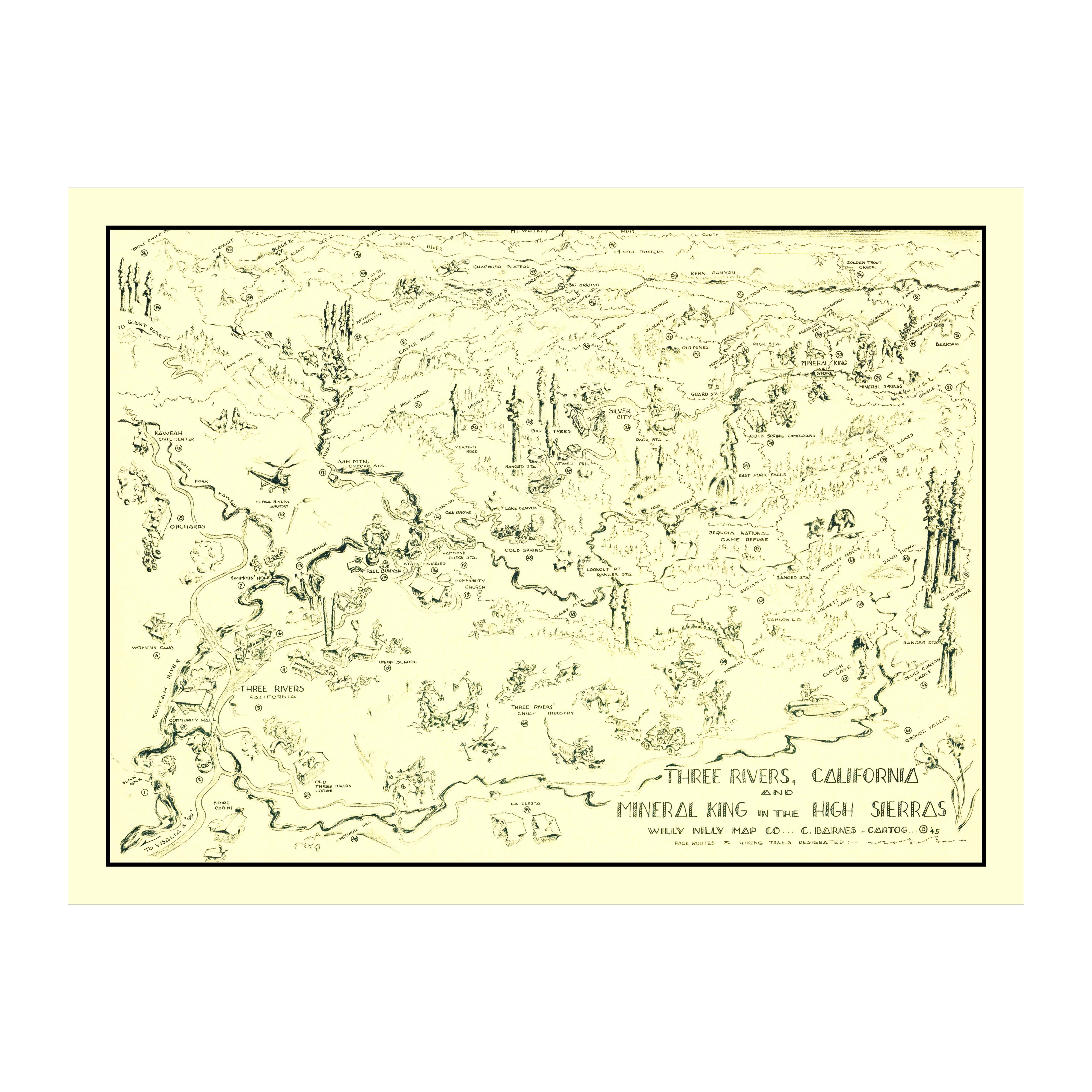 Three Rivers Art, 1945 Vintage Map of Three Rivers California, CA ...