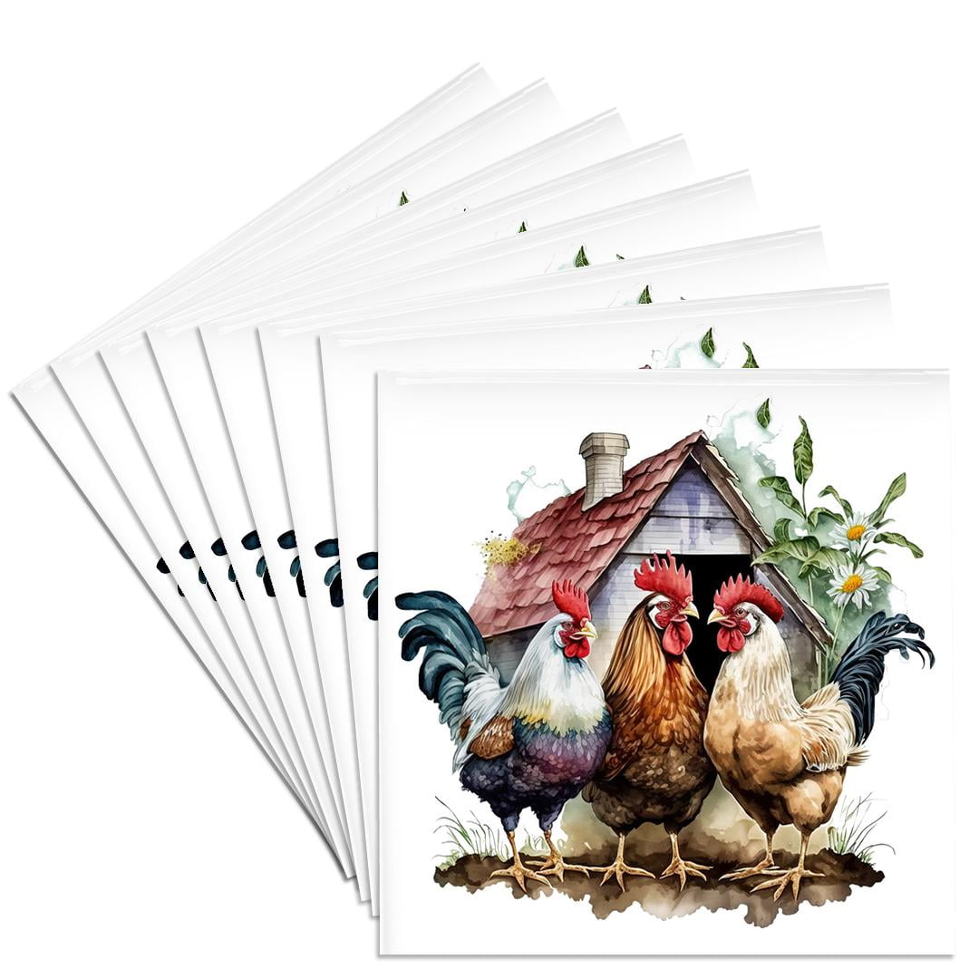 3drose, Three Roosters Image of Watercolor Illustration, Set of 8 ...