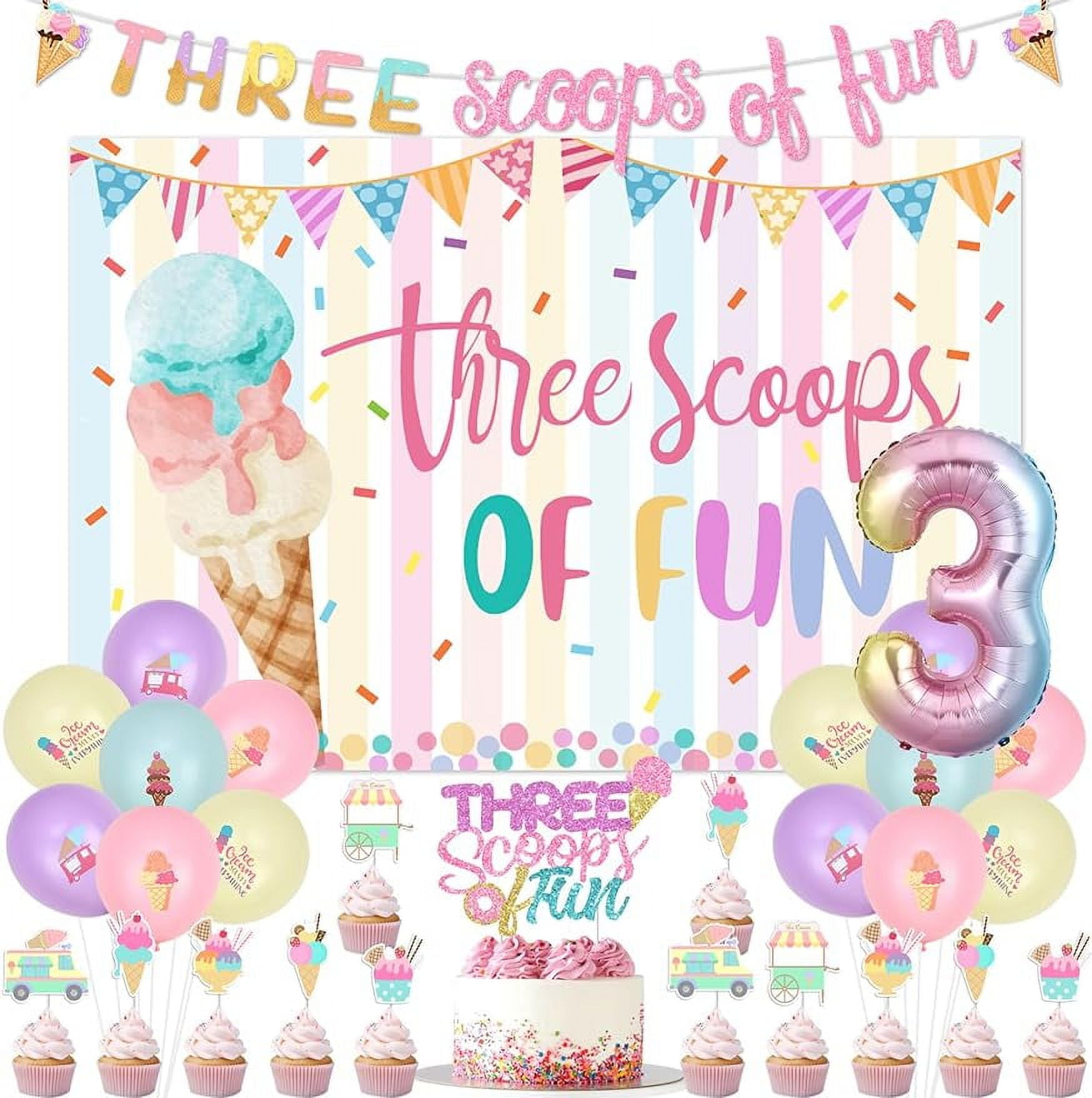 Three Scoops of Fun Birthday Decorations for Girls, Ice Cream 3rd Birthday Decoration Backdrop ...