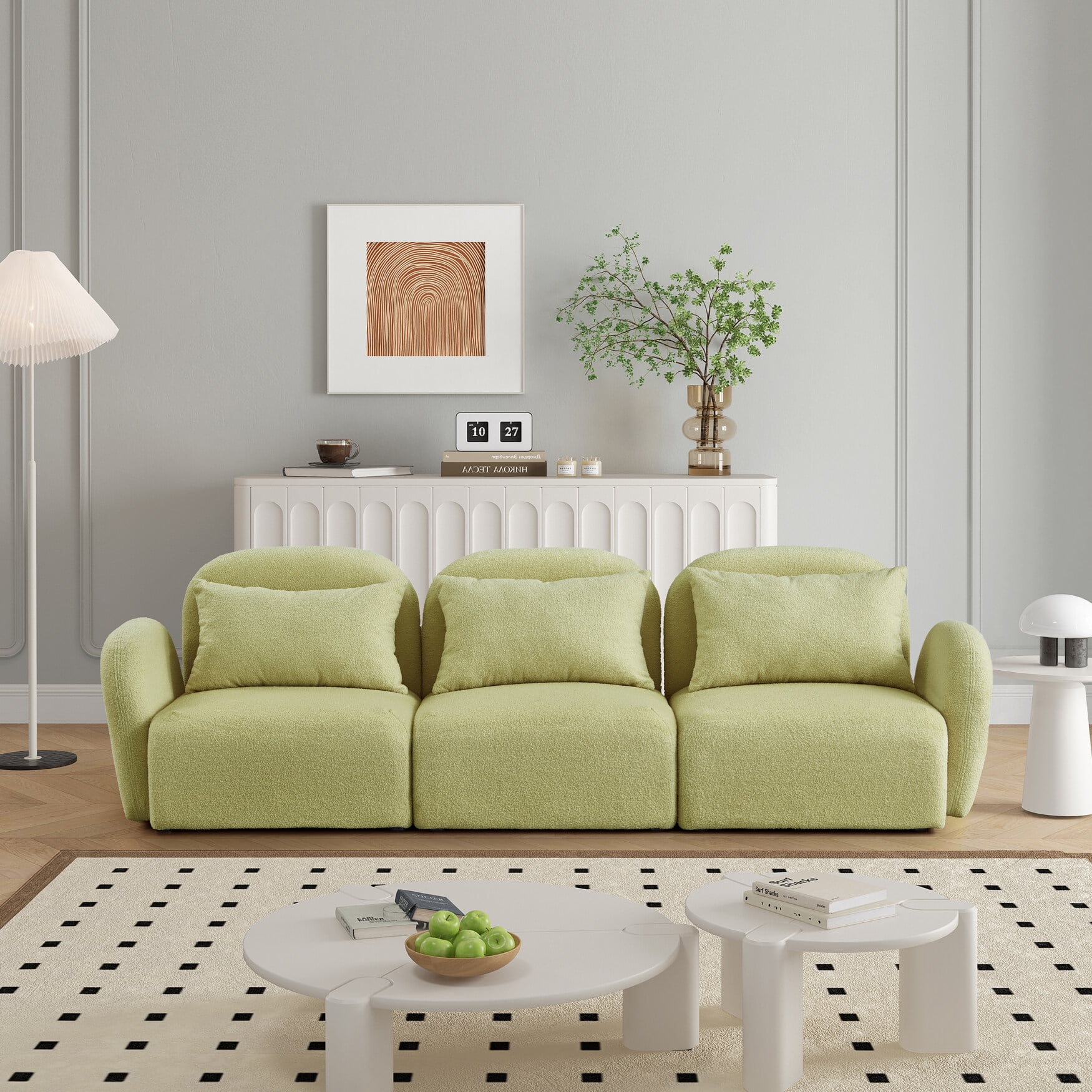 Three-Seat Sofa with Three Pillow, Modern Teddy Fabric Lazy Sofa with ...