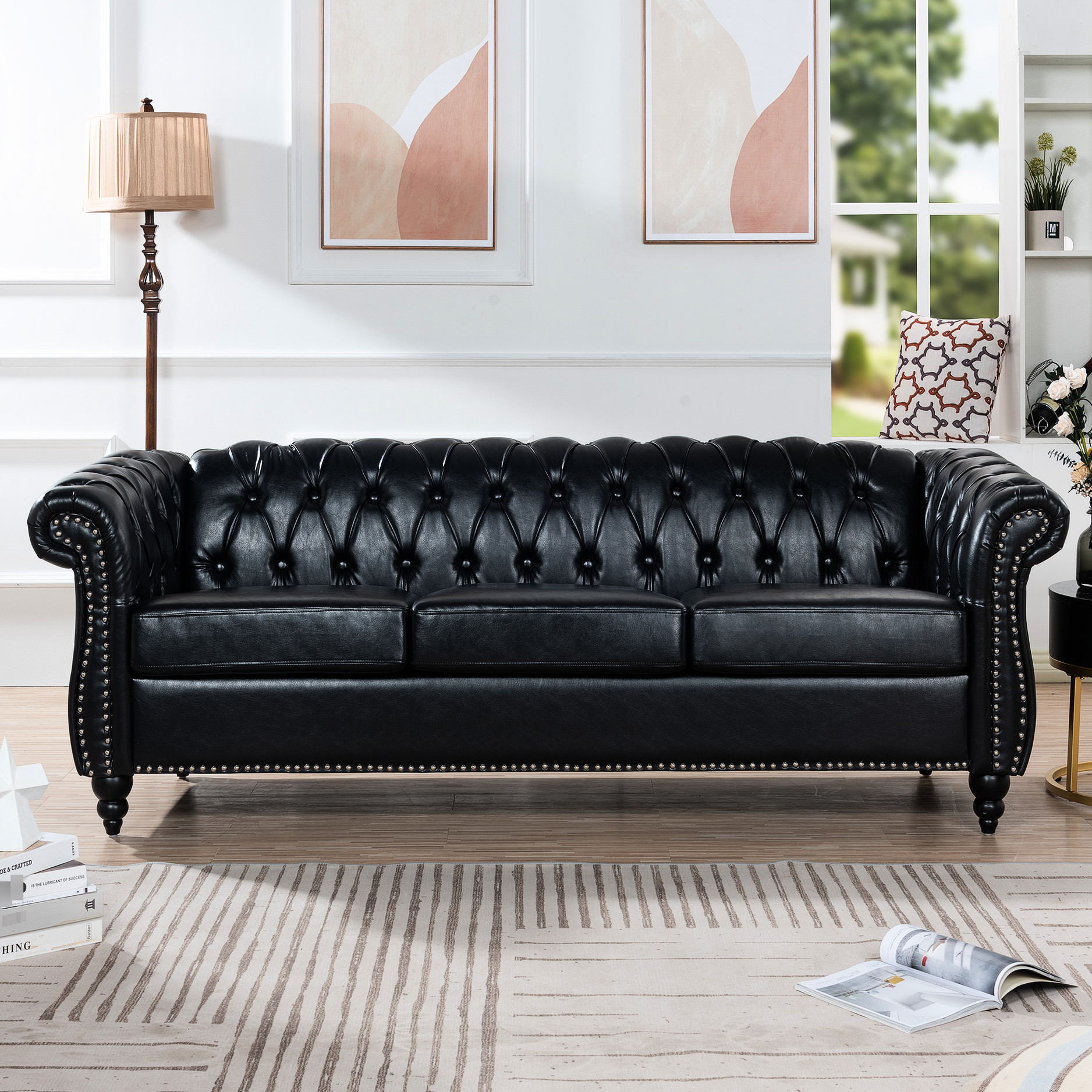 Three Seater In Black Pu, 85.97" Size, With Cushions Pu Couch, Rolled ...