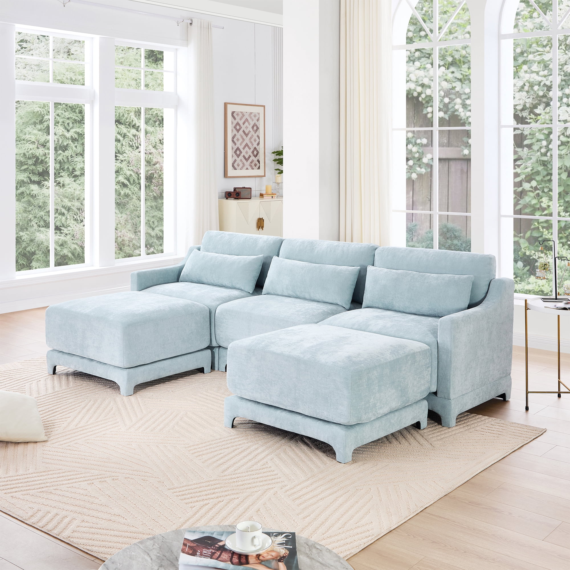 Three-Seater Sofa 2 Movable Ottomans and Lumbar Pillow,Chenille Fabric ...
