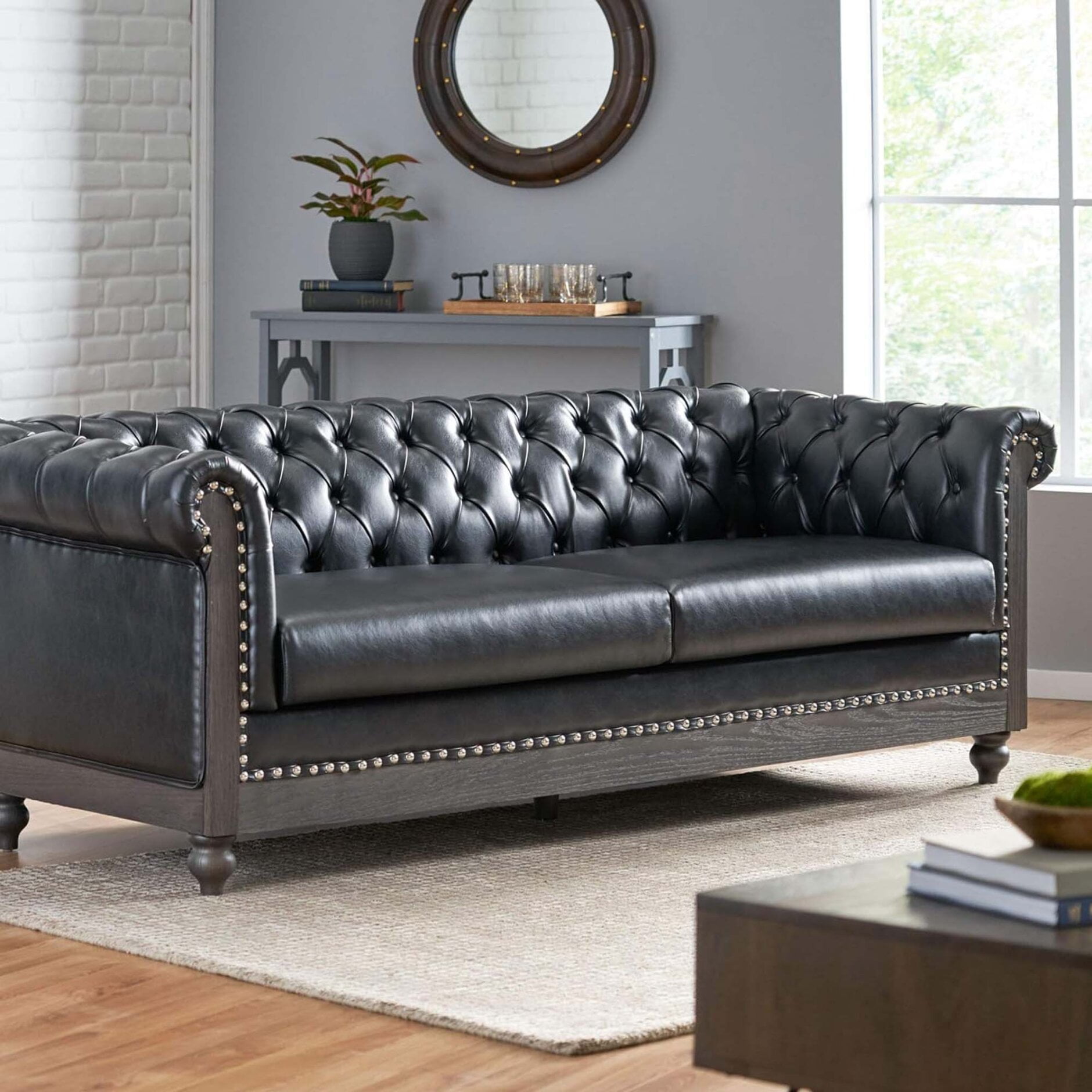 Three-Seater Sofa with Pull-Tab Backrest and Rivet Trim, Retro Style ...