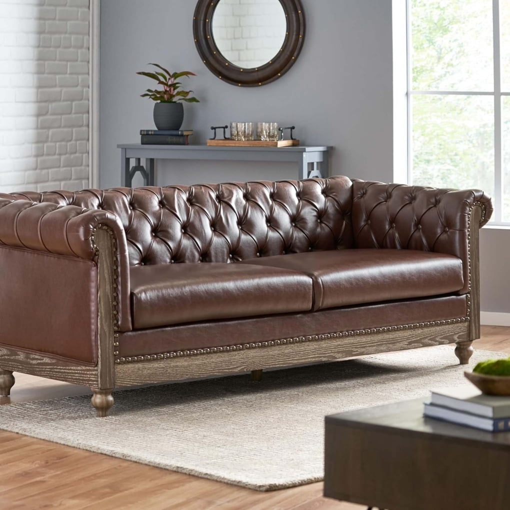 Three-Seater Sofa with Pull-Tab Backrest and Rivet Trim, Retro Style ...