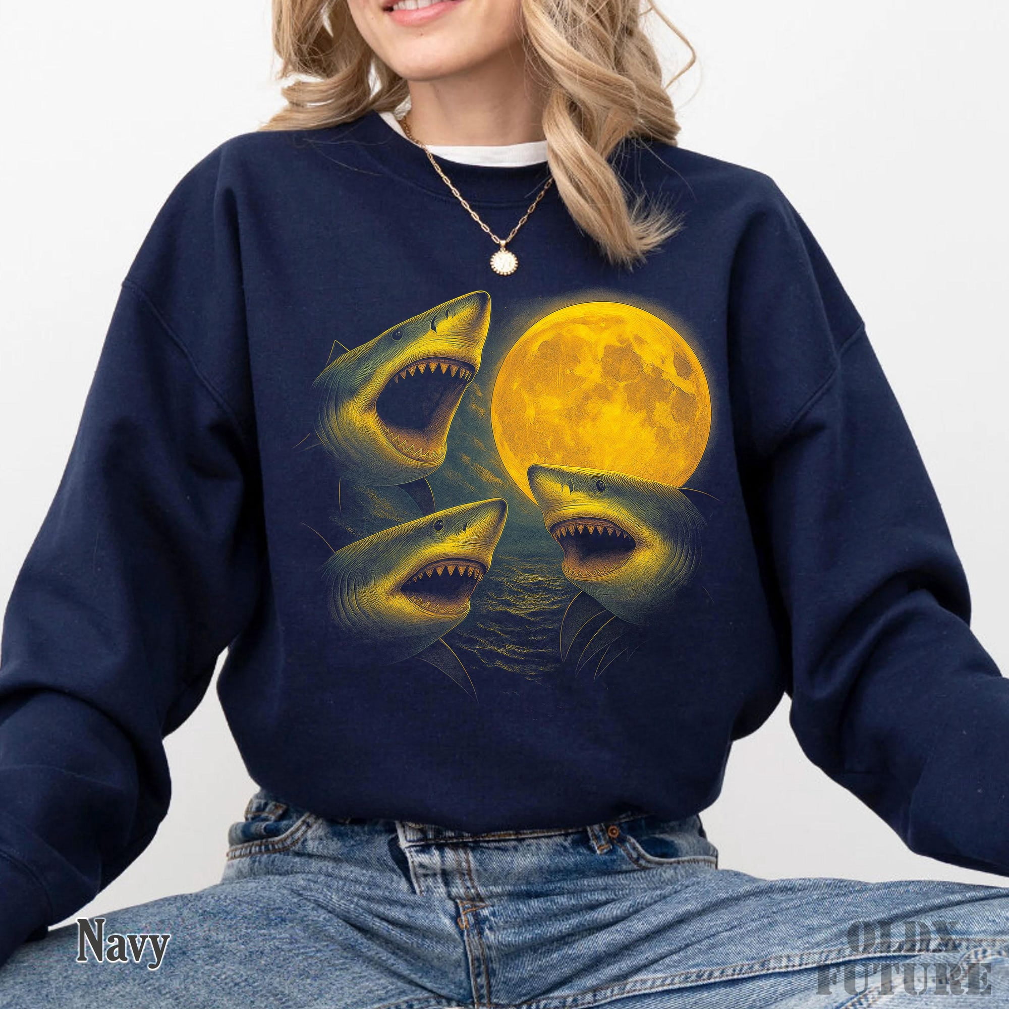 Three Sharks Graphic TShirt Retro Shark Moon Tshirt Skark Ocean Lovers ...
