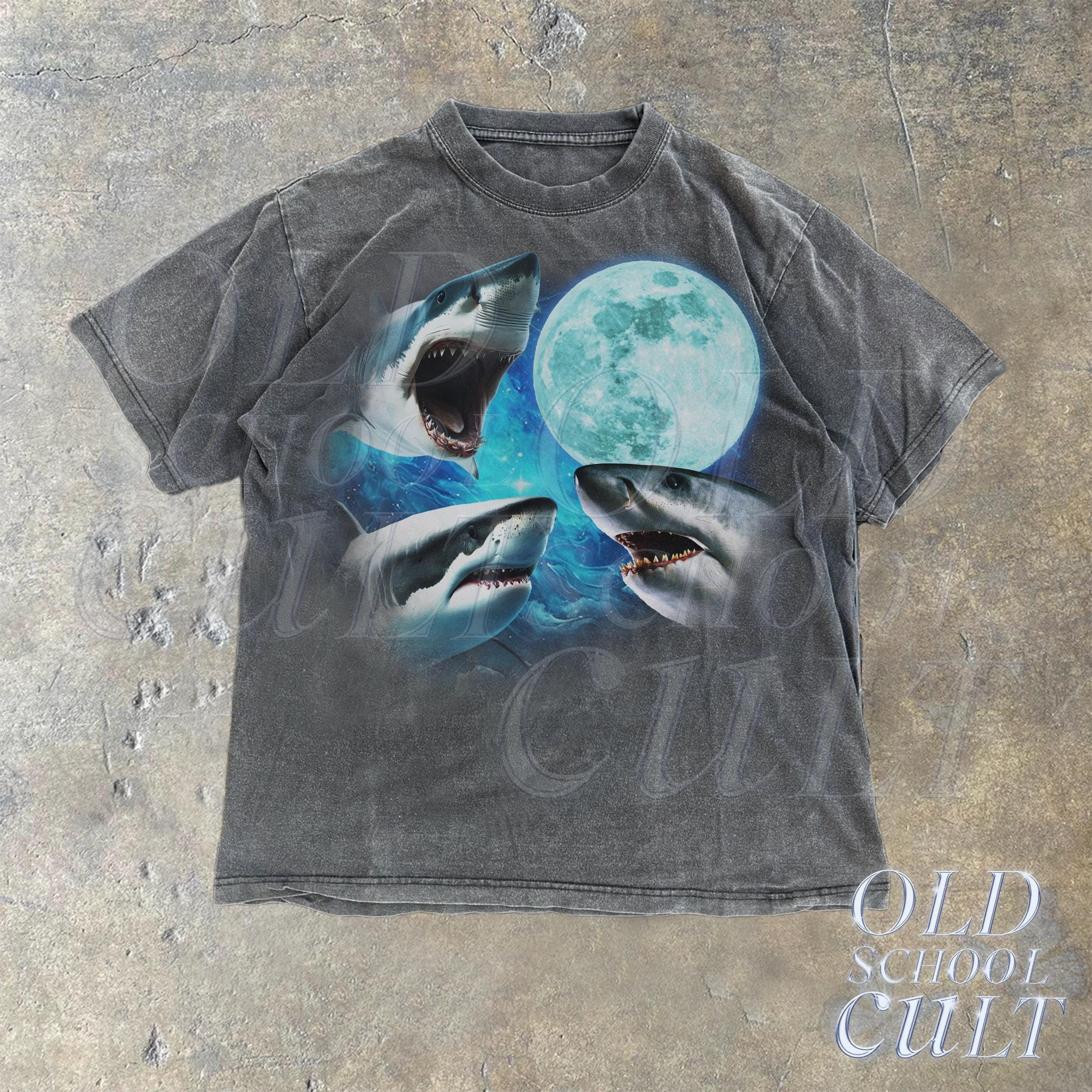 Three Sharks Vintage Graphic T-shirts, Retro Shark Moon Tshirt, Skark ...