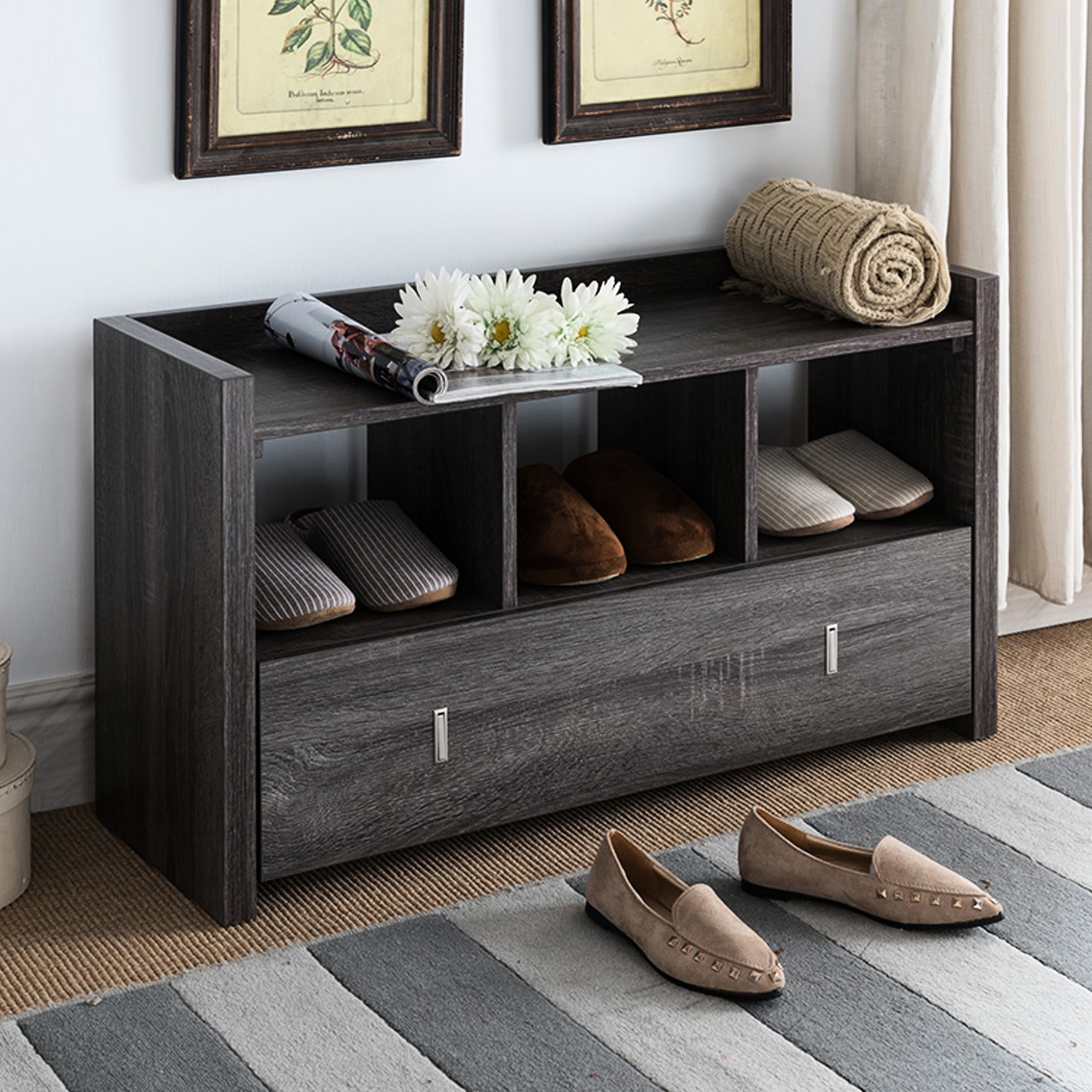 Three Shelves And One Drawer Shoe Storage Organizer Bench In Grey ...