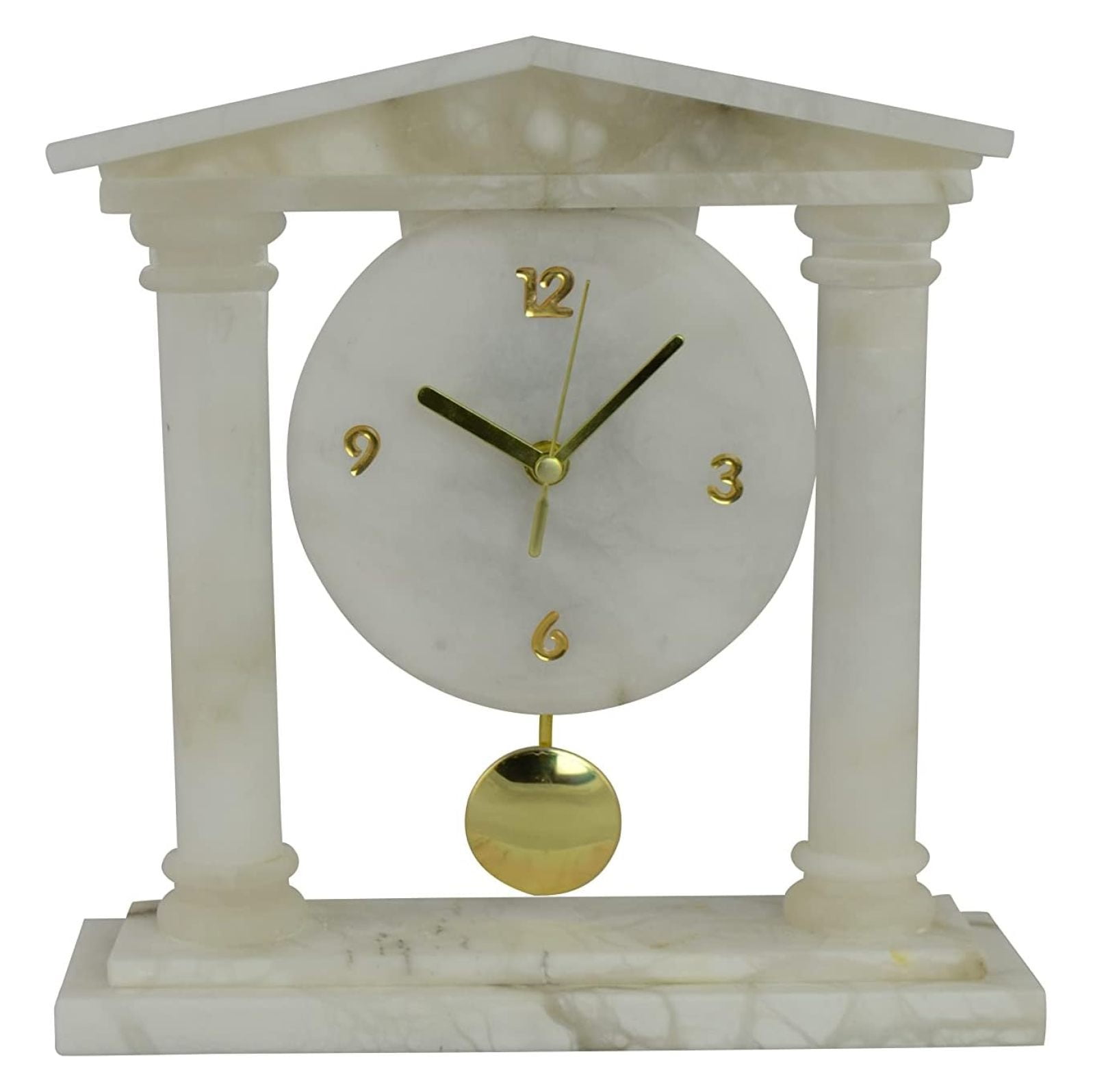 Three Star White Alabaster Stone Mantel Clock with Swinging Pendulum ...
