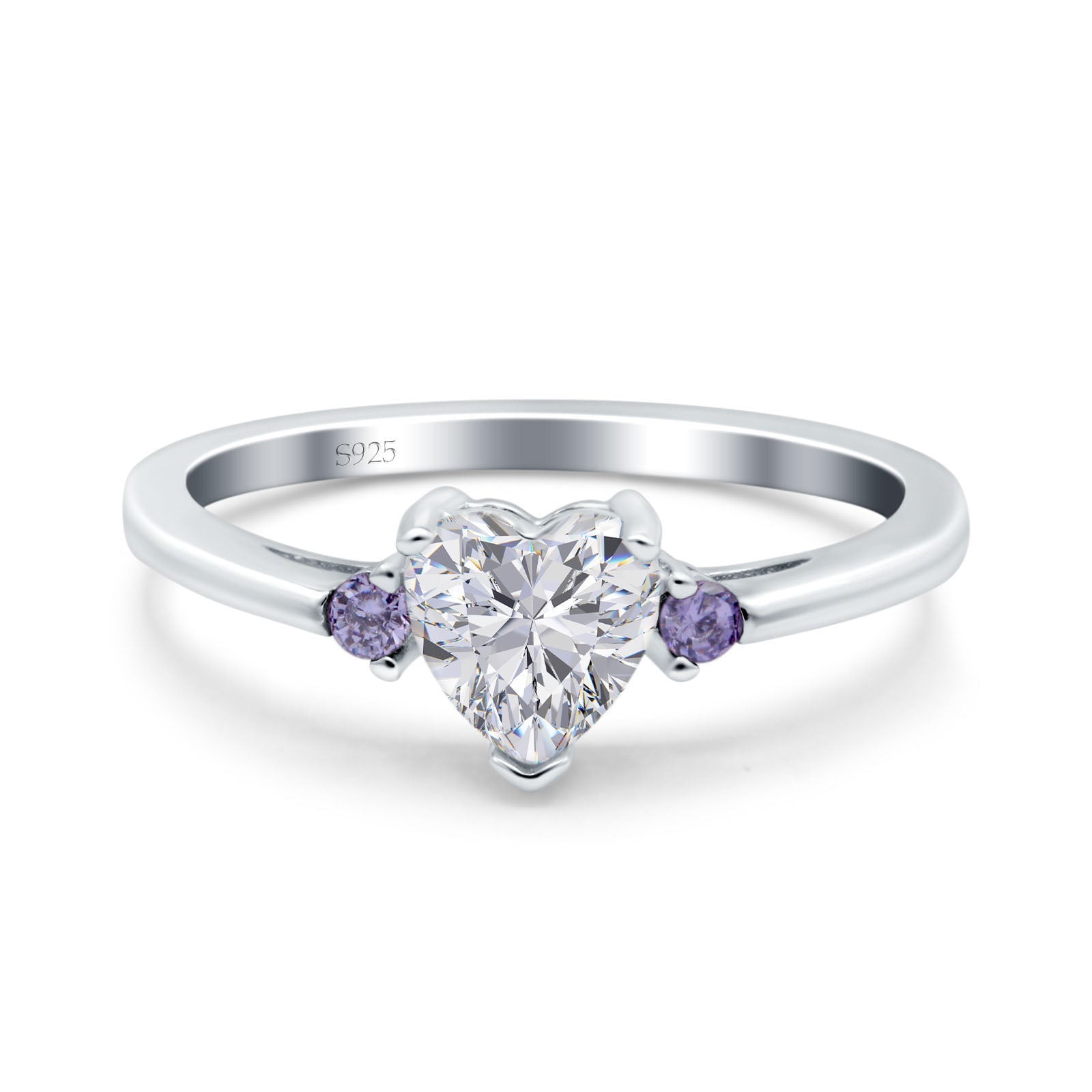 Three Stone Art Deco Heart Bridal Set Ring Round Amethyst CZ 925 ...