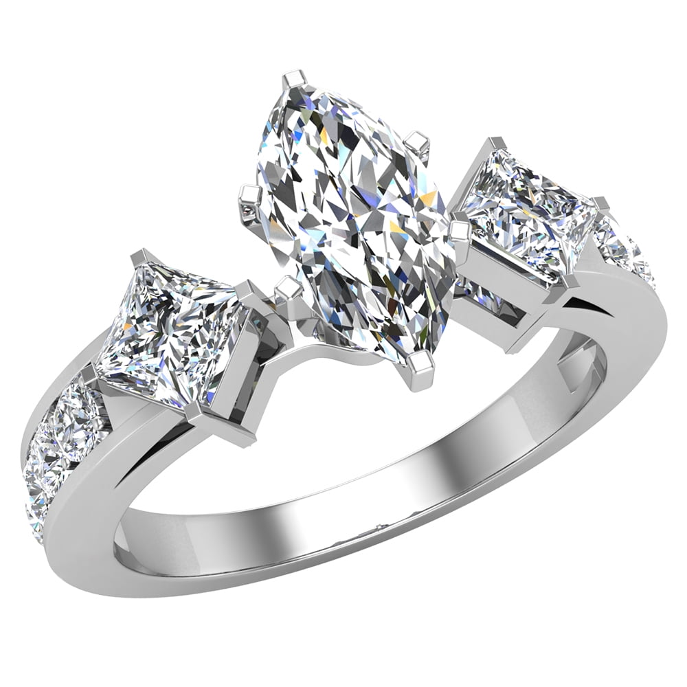 Three-Stone Diamond Engagement Ring Marquise and Princess Cut Diamond ...