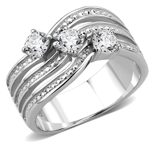 Three Stone Diamond Engagement Ring, Triple Row Milgrain Shank Wedding ...