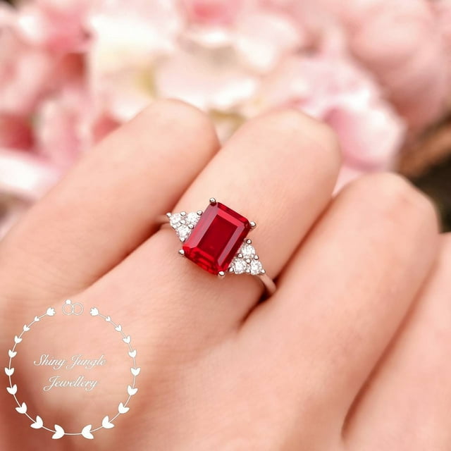 Three Stone Emerald Cut Ruby Engagement Ring, Genuine Lab Grown Pigeons ...