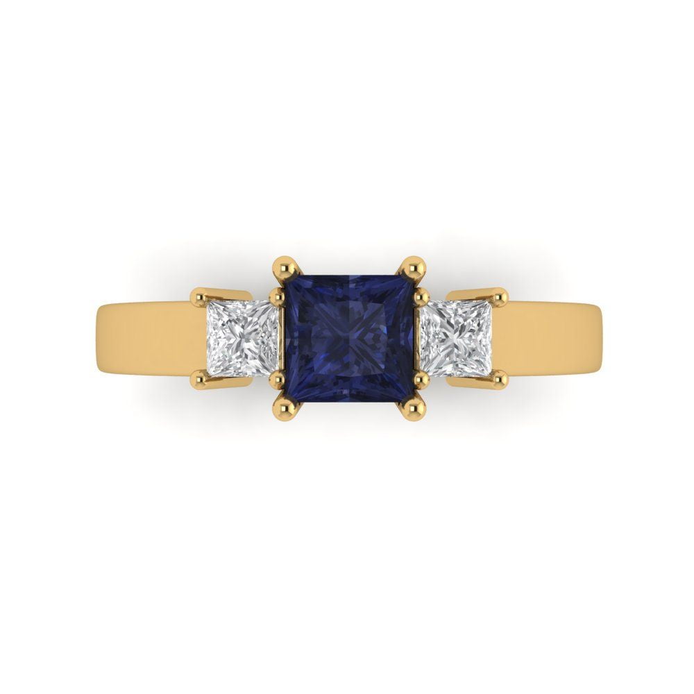 Three-Stone Engagement Ring for Women - 1.11ct Simulated Blue Sapphire in 18K Yellow Gold ...