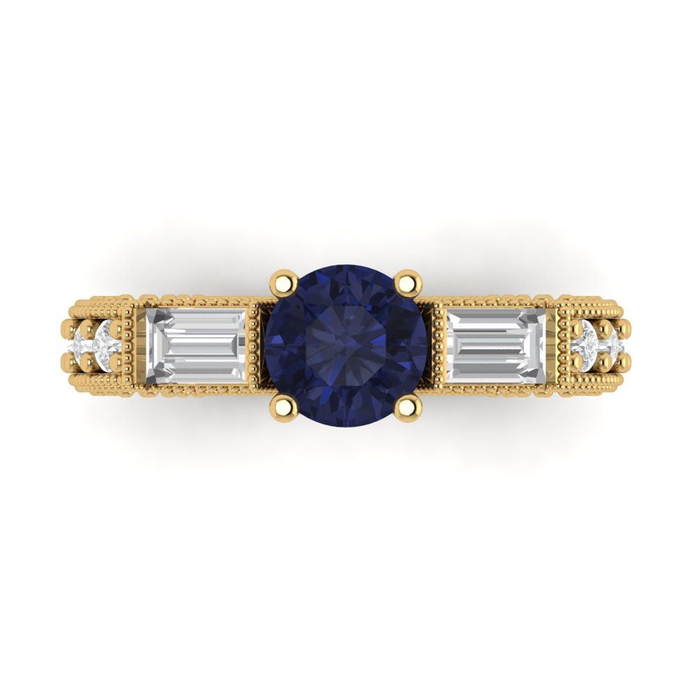Three-Stone Engagement Ring for Women - 2.33ct Simulated Blue Sapphire in 18K Yellow Gold ...