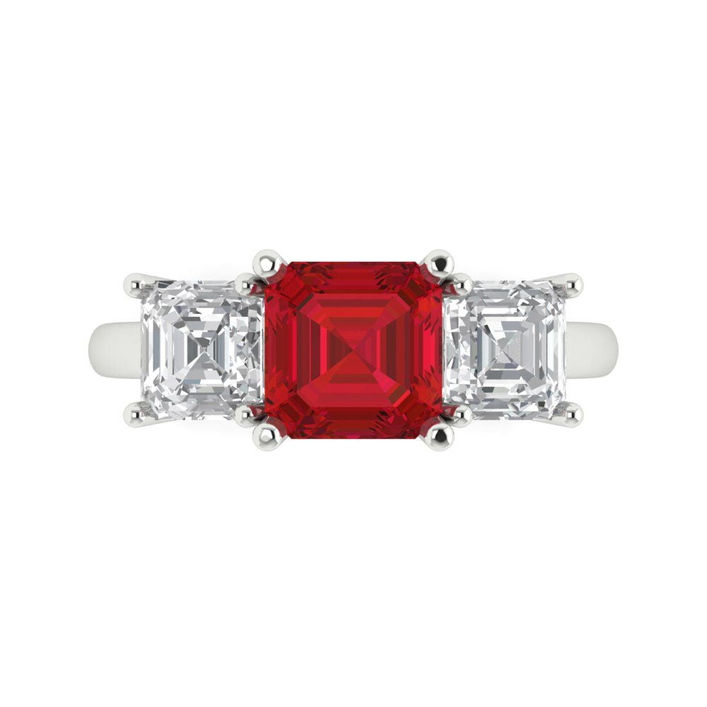 Three-Stone Engagement Ring for Women - 4ct Simulated Ruby in 18K White Gold Promise Ring ...