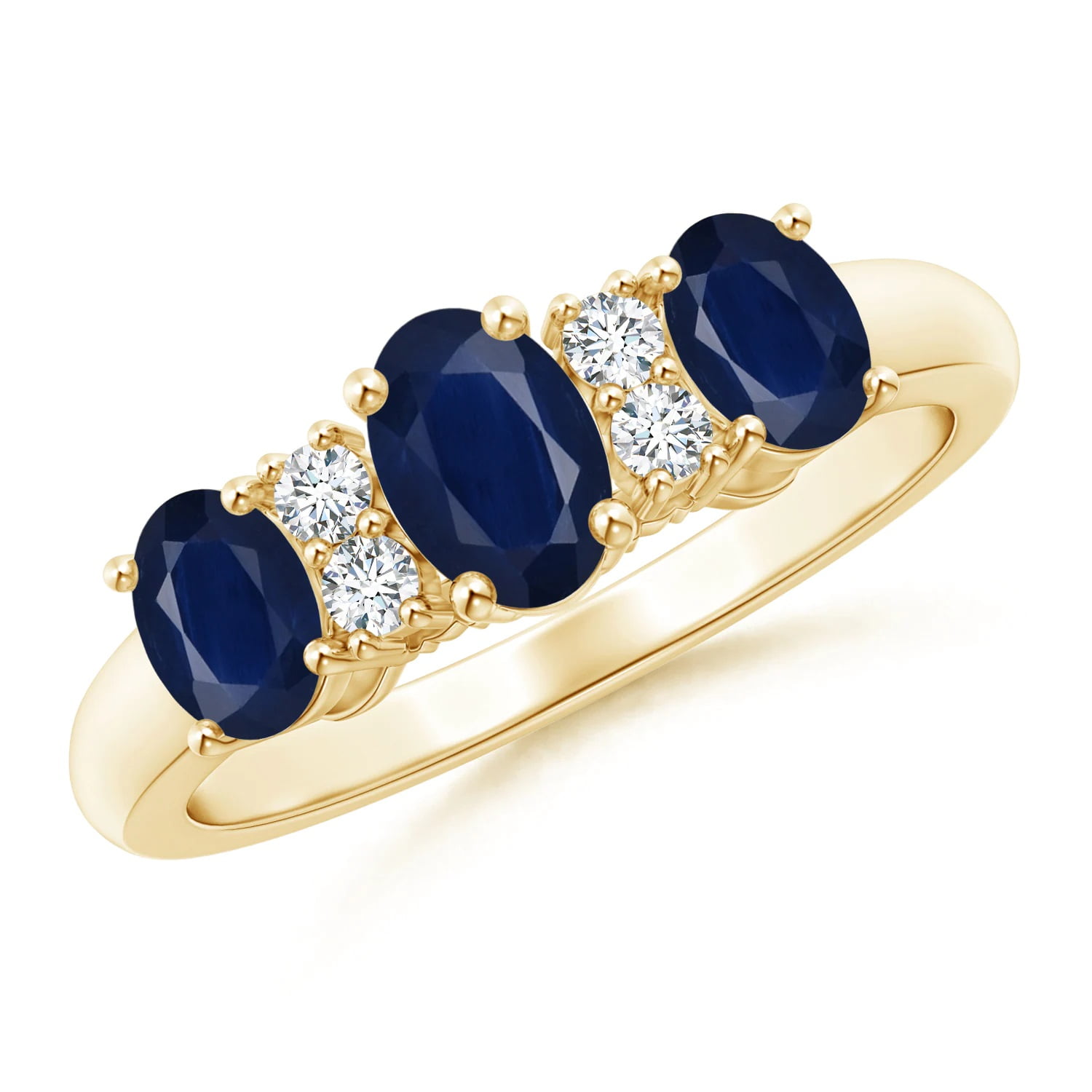 Three Stone Oval 2 Ctw Blue Sapphire 10K Yellow Gold Women Promise Ring ...