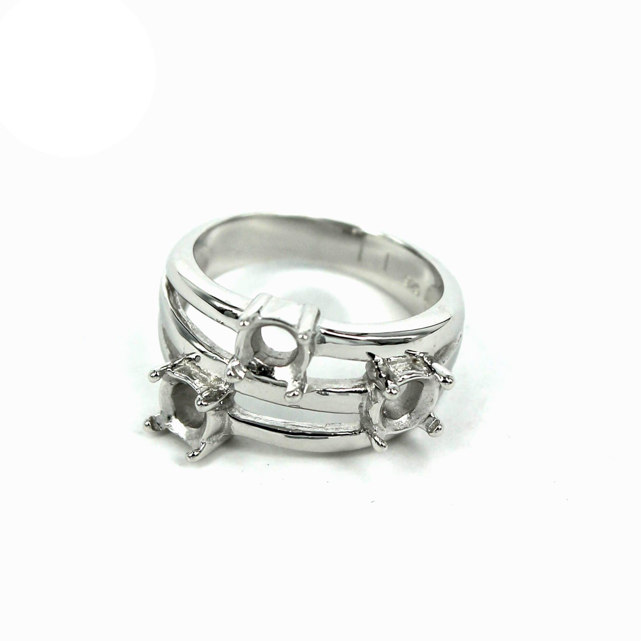 Three-Stone Ring Setting with Round Prongs Mountings in Sterling Silver ...